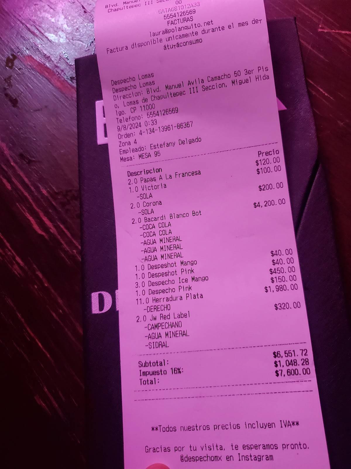 Menu at Despecho restaurant, Mexico City