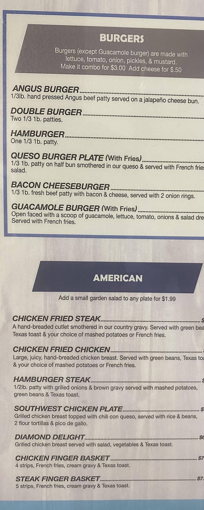 Menu at Diamond S Restaurant, Brazoria