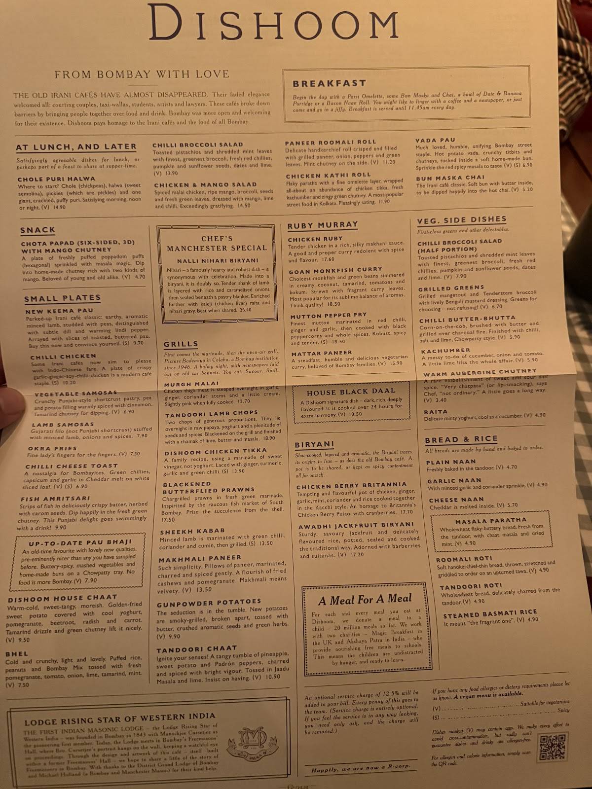 Menu at Dishoom Manchester restaurant, Manchester