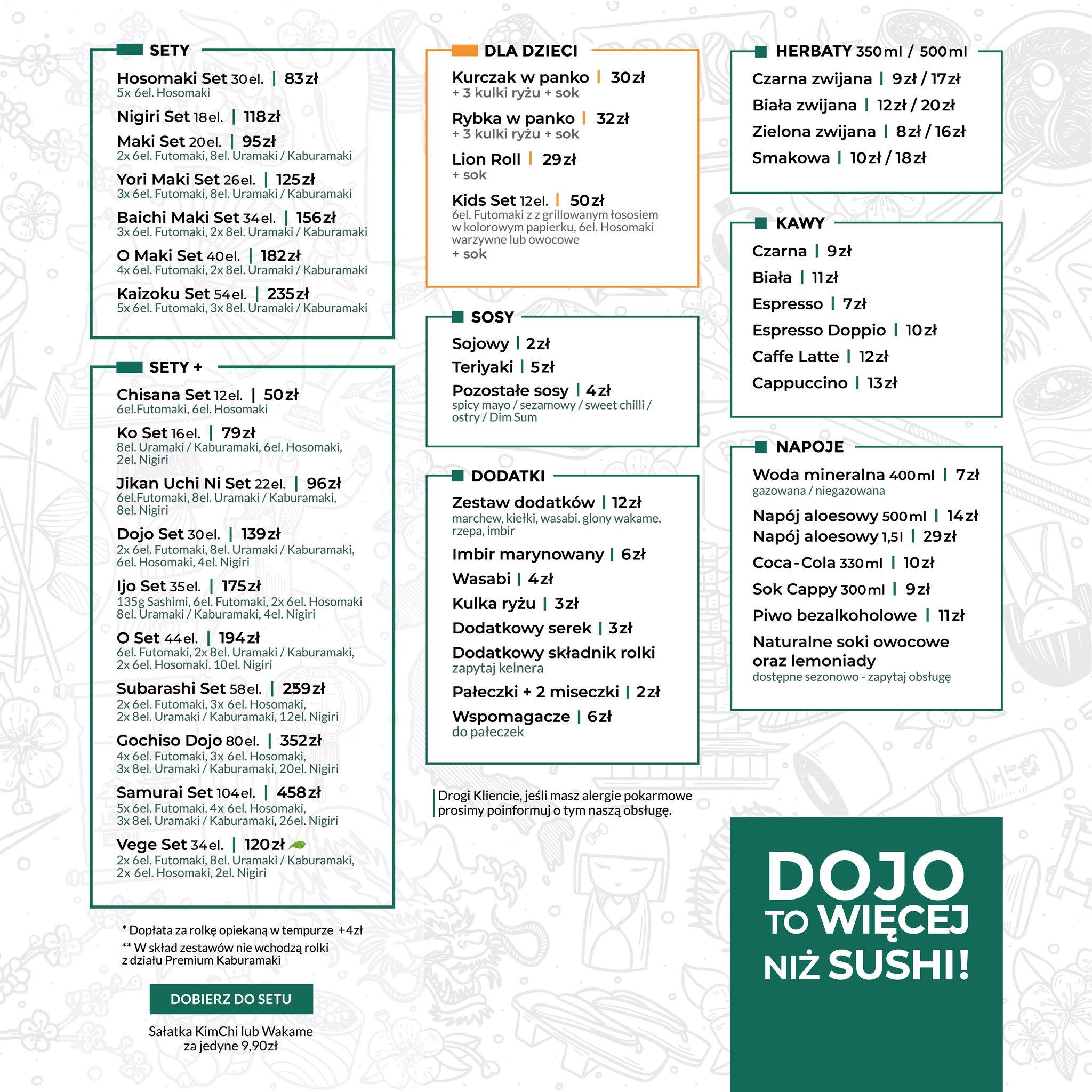Menu at DOJO restaurant, Sosnowiec