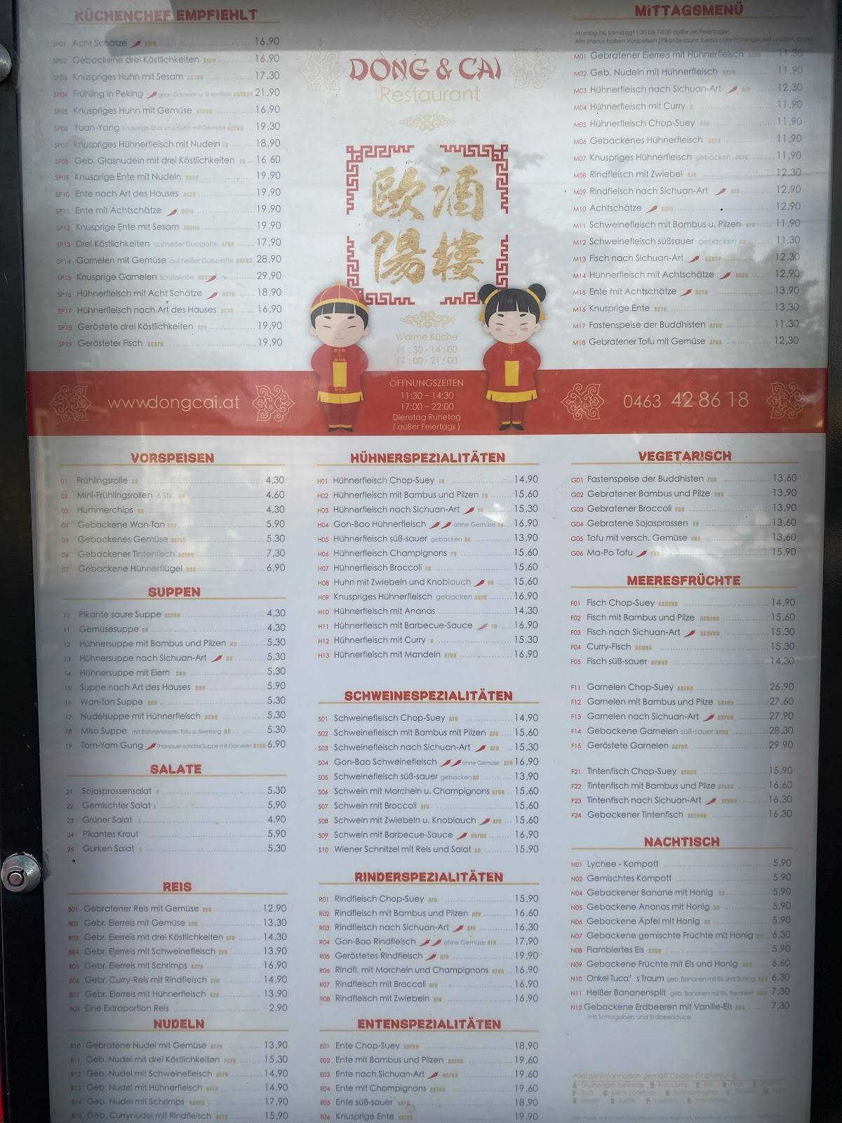 Speisekarte von Dong & Cai restaurant, Klagenfurt am Wörthersee