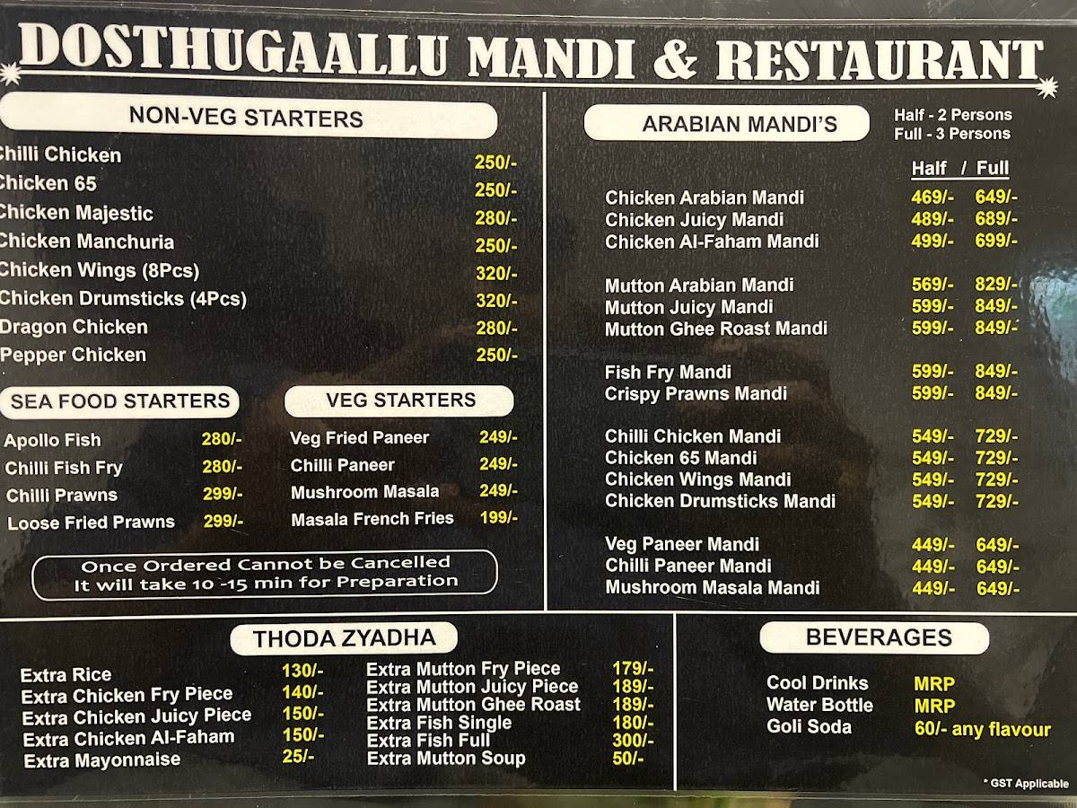 Menu at Dosthugaallu Mandi & Restaurant, Hyderabad