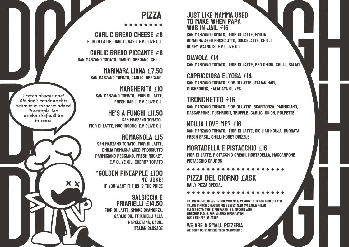 Menu at Dough Pizzeria, Clitheroe