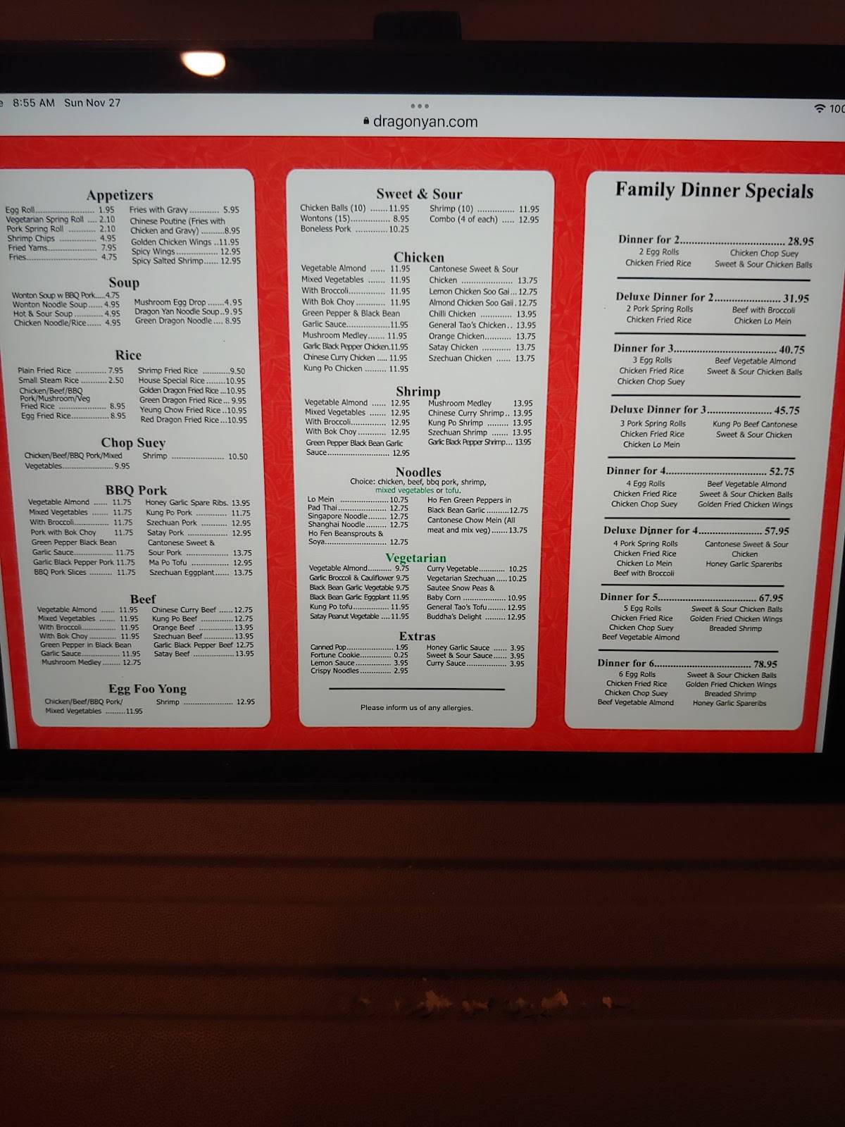 Menu at Dragon Yan restaurant, Peterborough