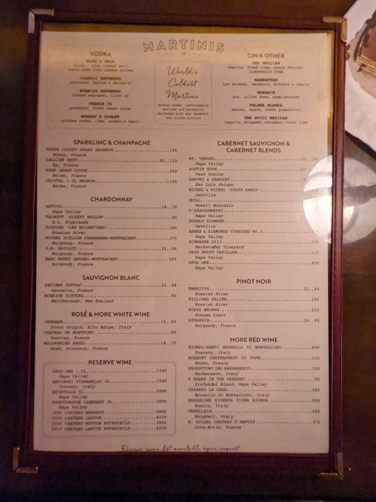 Menu at Drake's Hollywood restaurant, Dallas