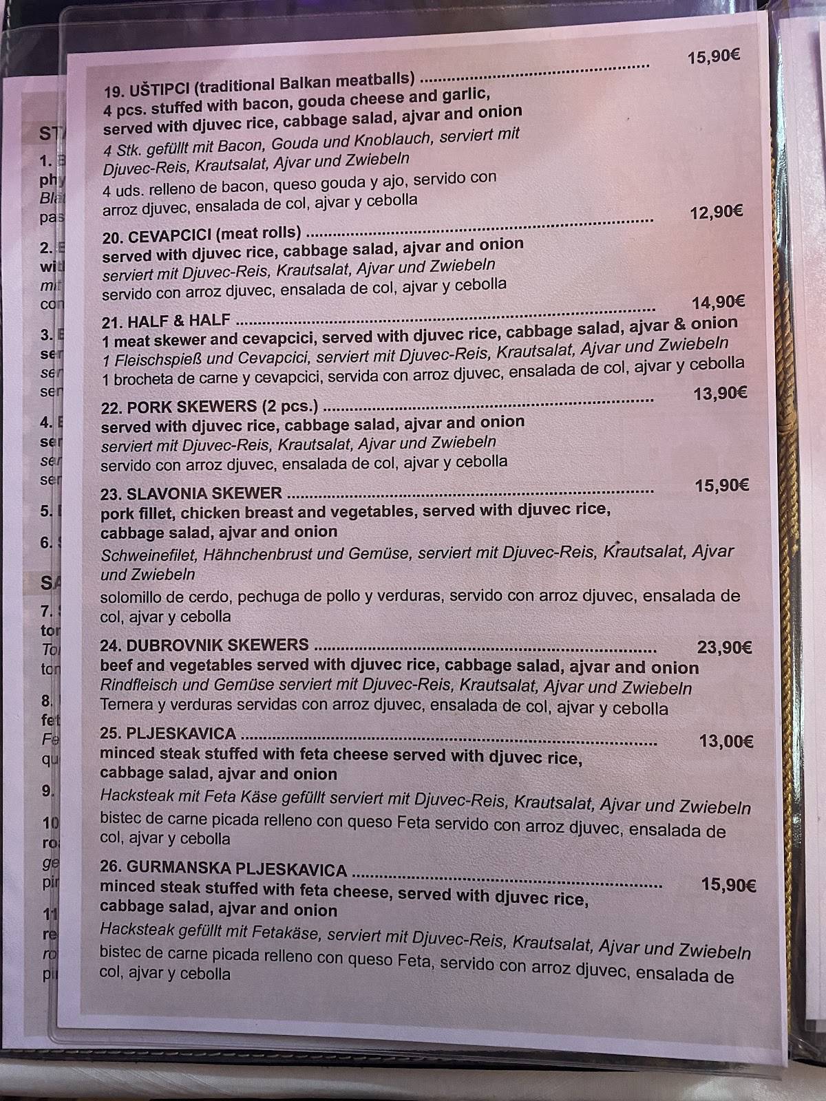 Menu at Restaurant Dubrovnik, Torrevieja