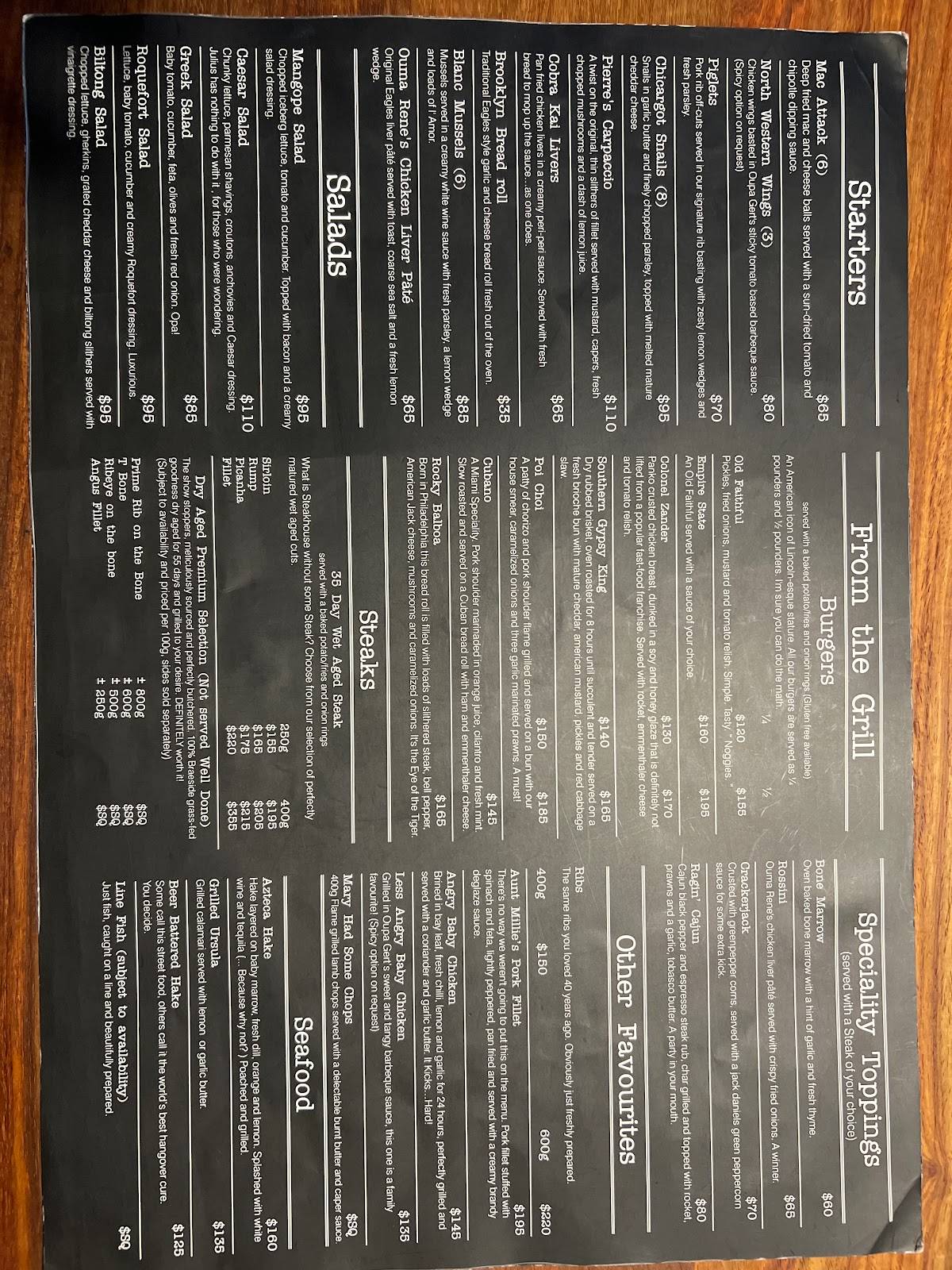 Menu at Eagles for Steaks restaurant, Klerksdorp