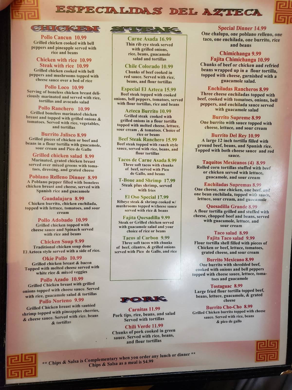 Menu at El Azteca Mexican Restaurant, Claremore, OK-66