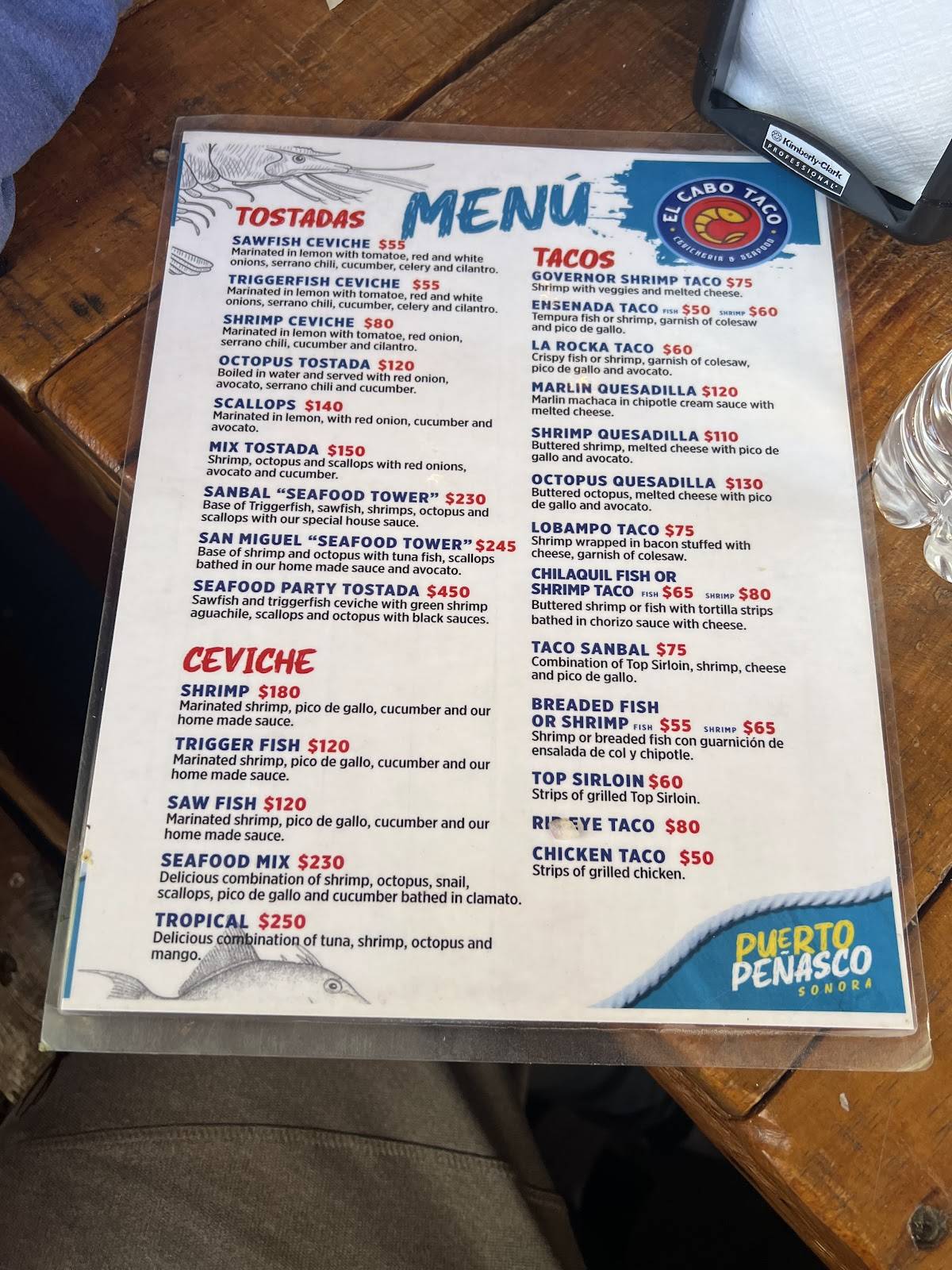 Menu at El Cabo Taco "Cevichería & Seafood" restaurant, Puerto Peñasco