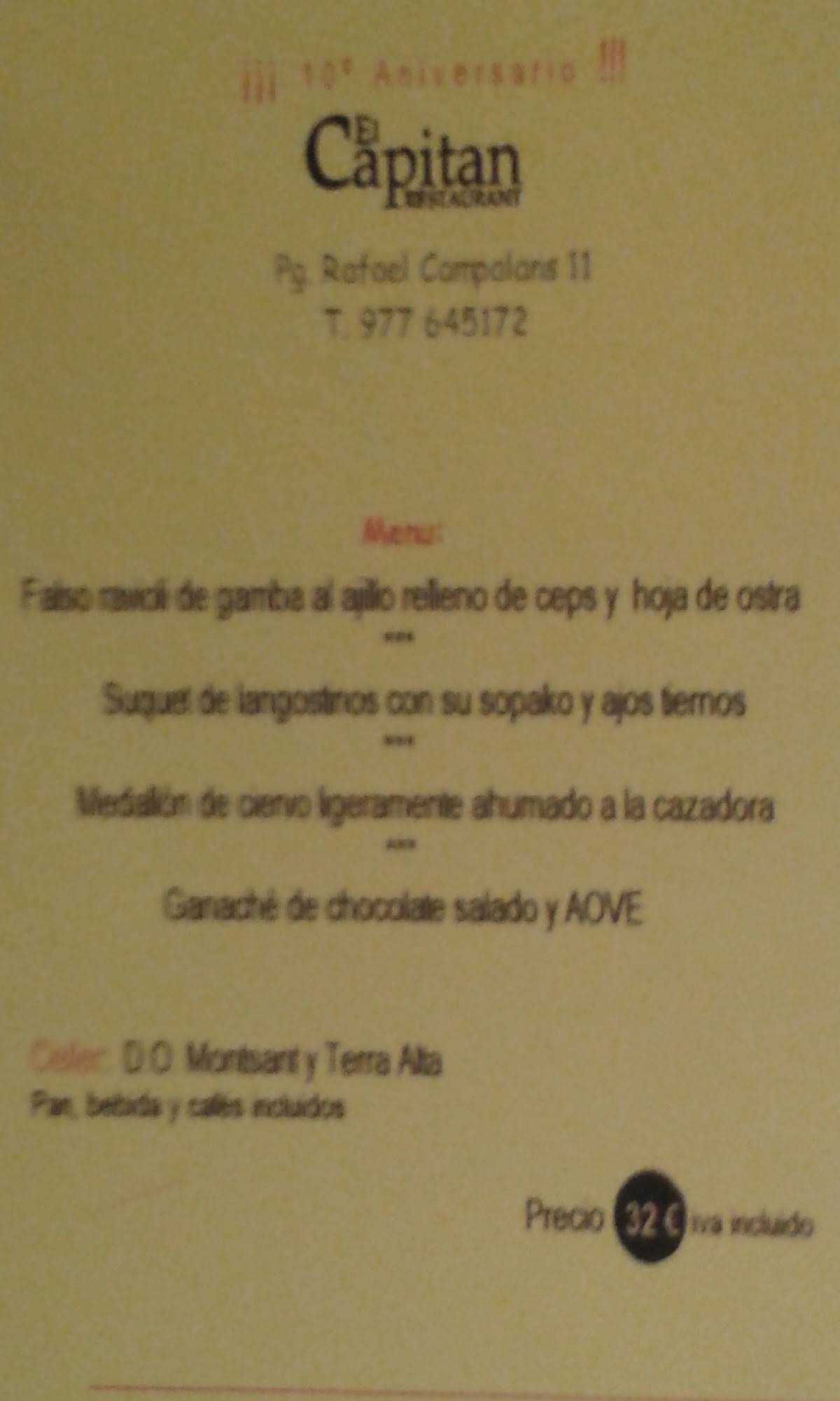 Carta de El Capitan Restaurant, Torredembarra