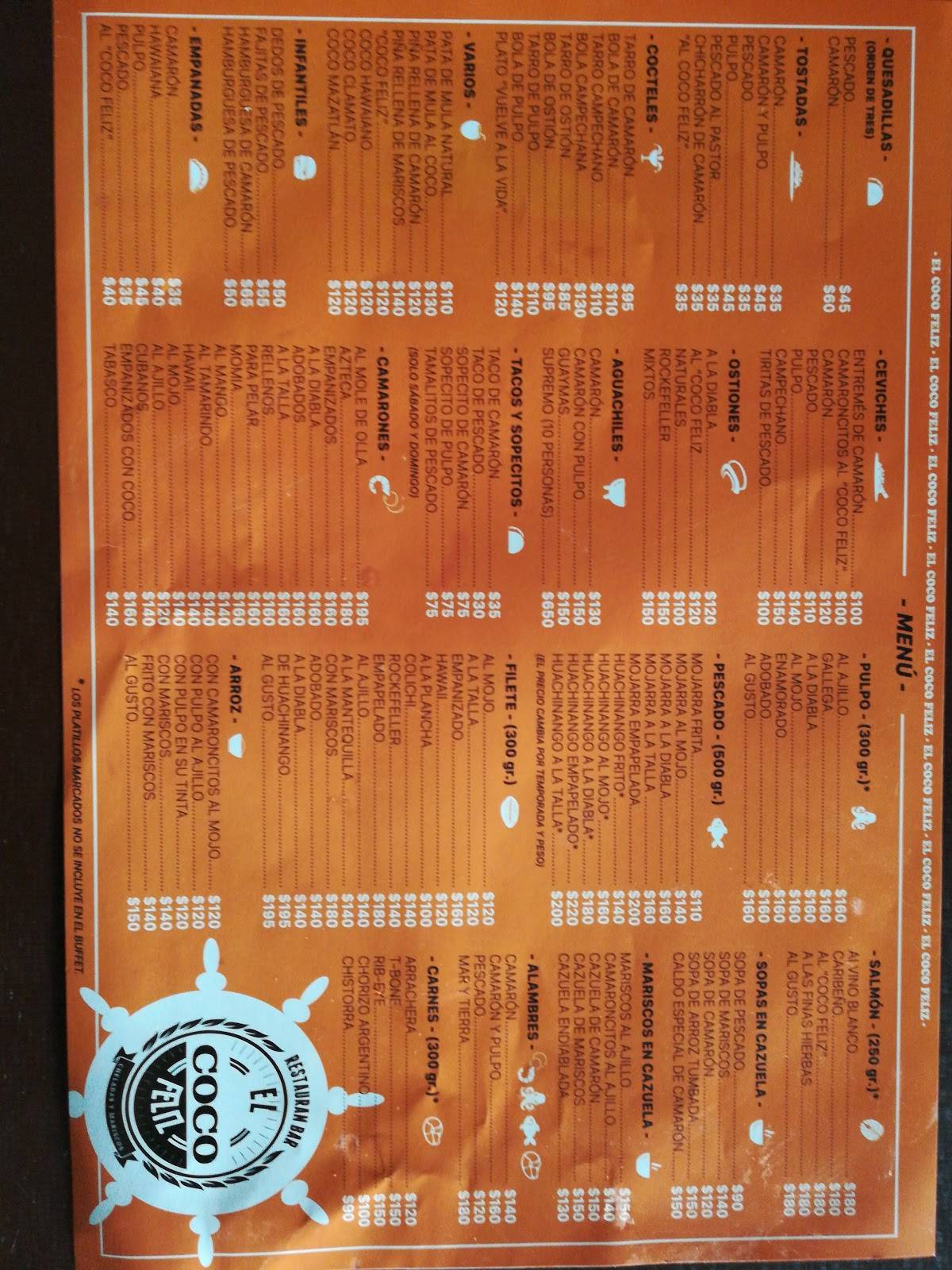 Carta del restaurante El Coco Feliz Micheladas Y Mariscos, Tultepec, MZ 069