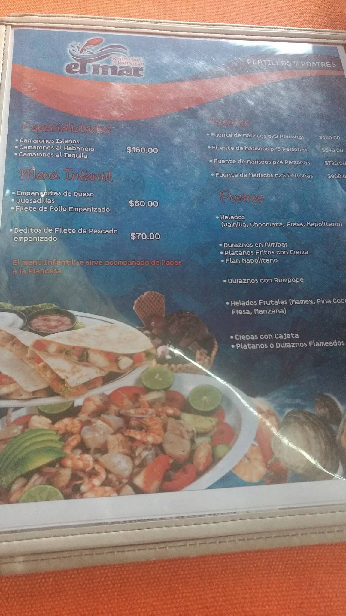 Carta del restaurante El Mar, Tuxtla Gutiérrez, Libramiento Sur Oriente
