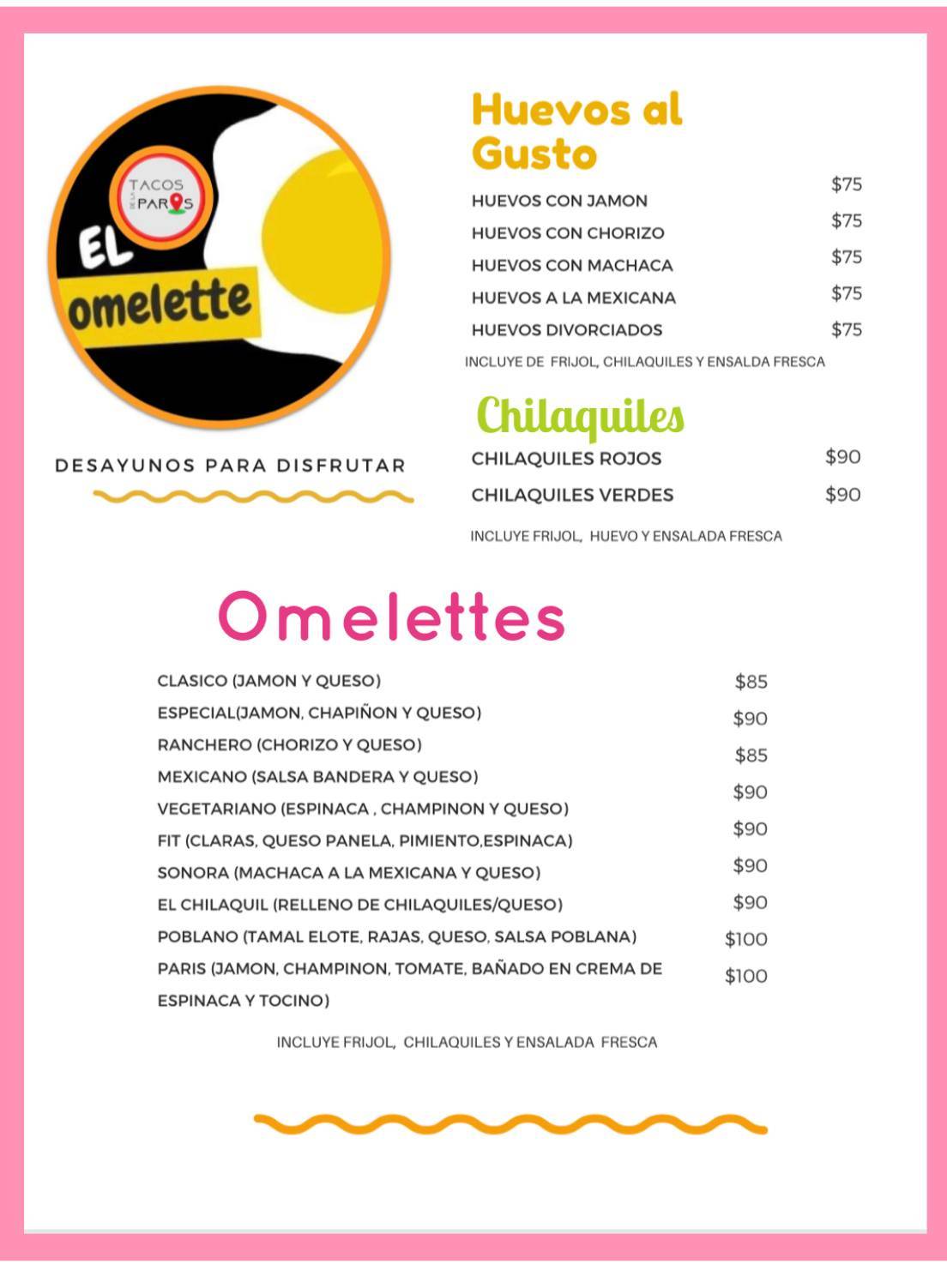 Carta del restaurante El Omelette, Ciudad Obregón