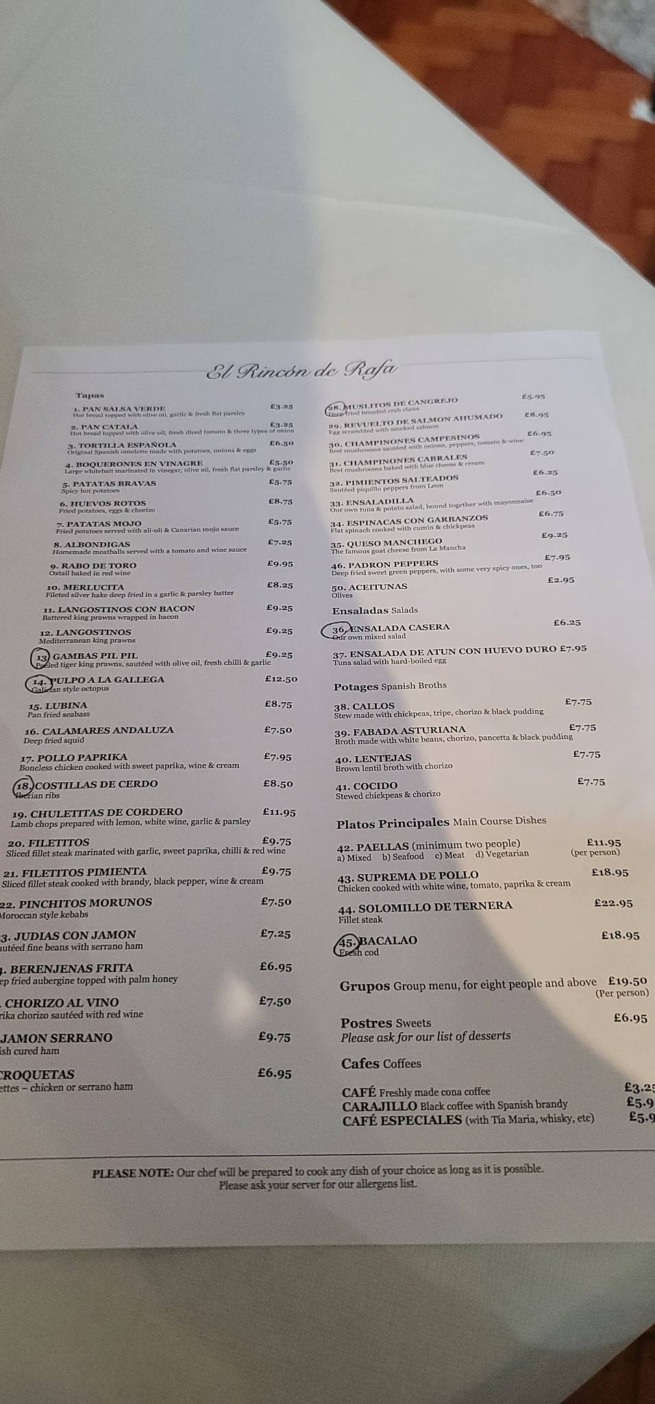 Menu at El Rincon de Rafa restaurant, Manchester