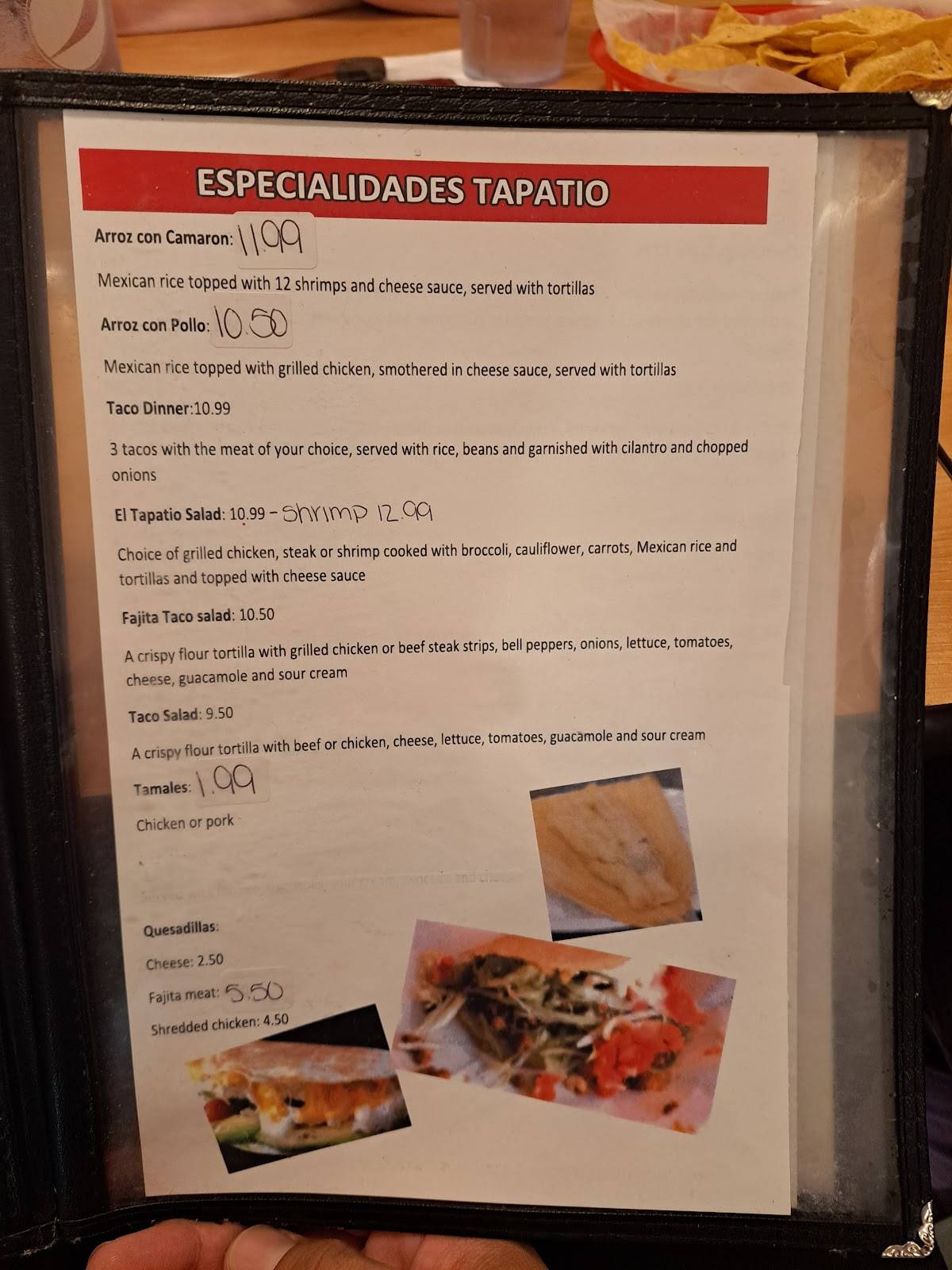 Menu at El Tapatio Mexican Restaurant, Monticello