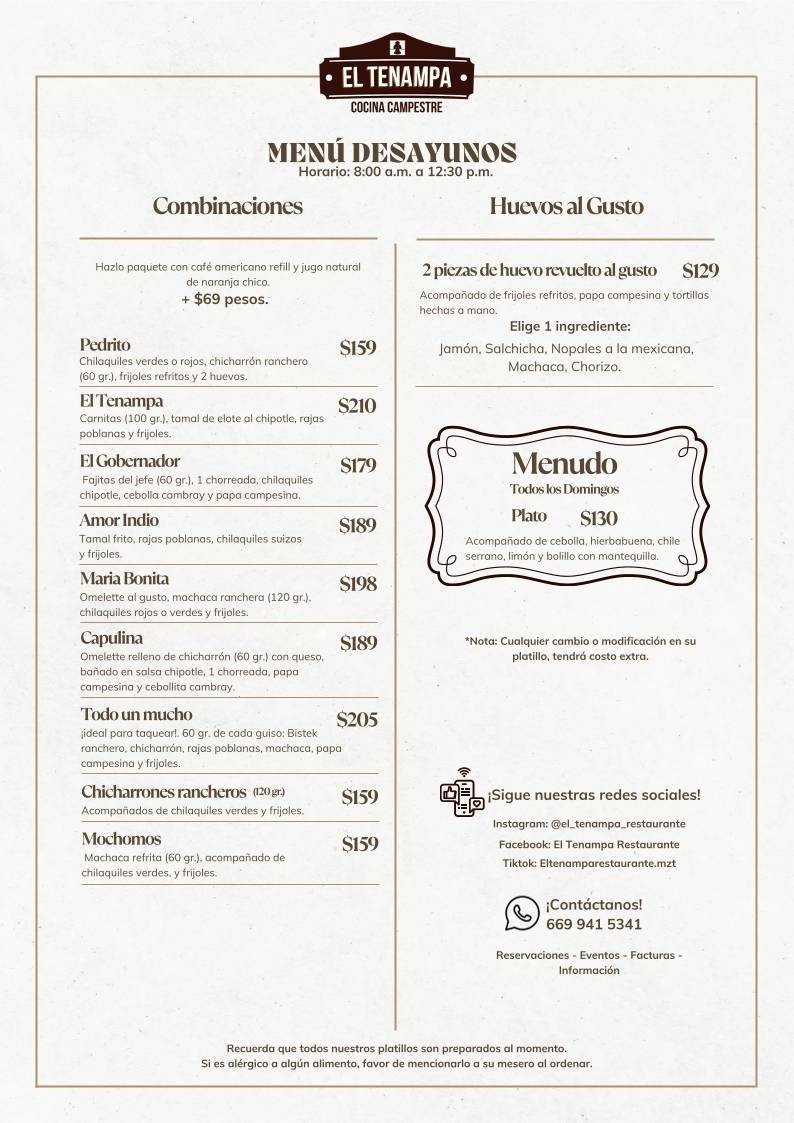 Carta de El Tenampa Restaurante Campestre, Mazatlán