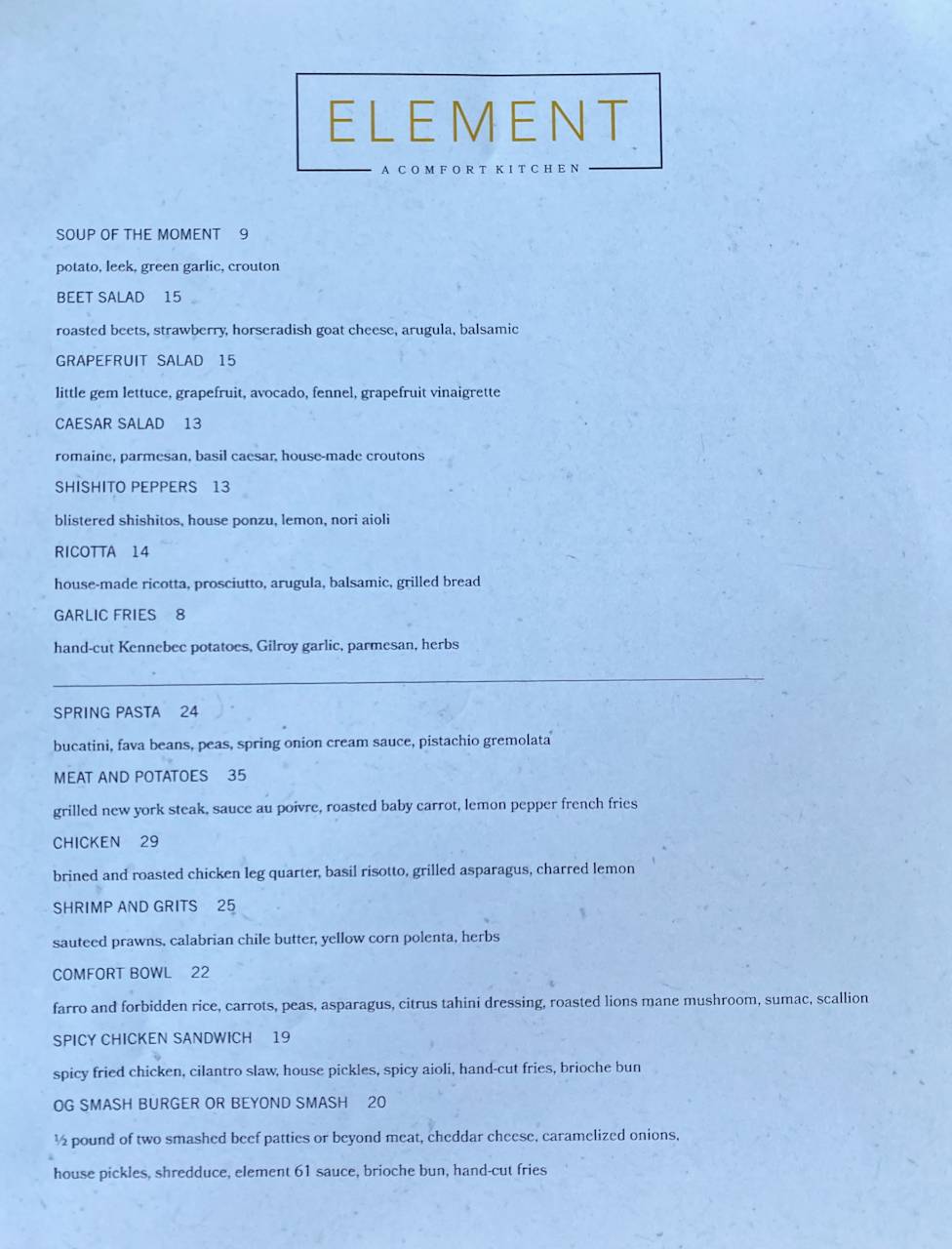 Menu at Element restaurant, Sutter Creek