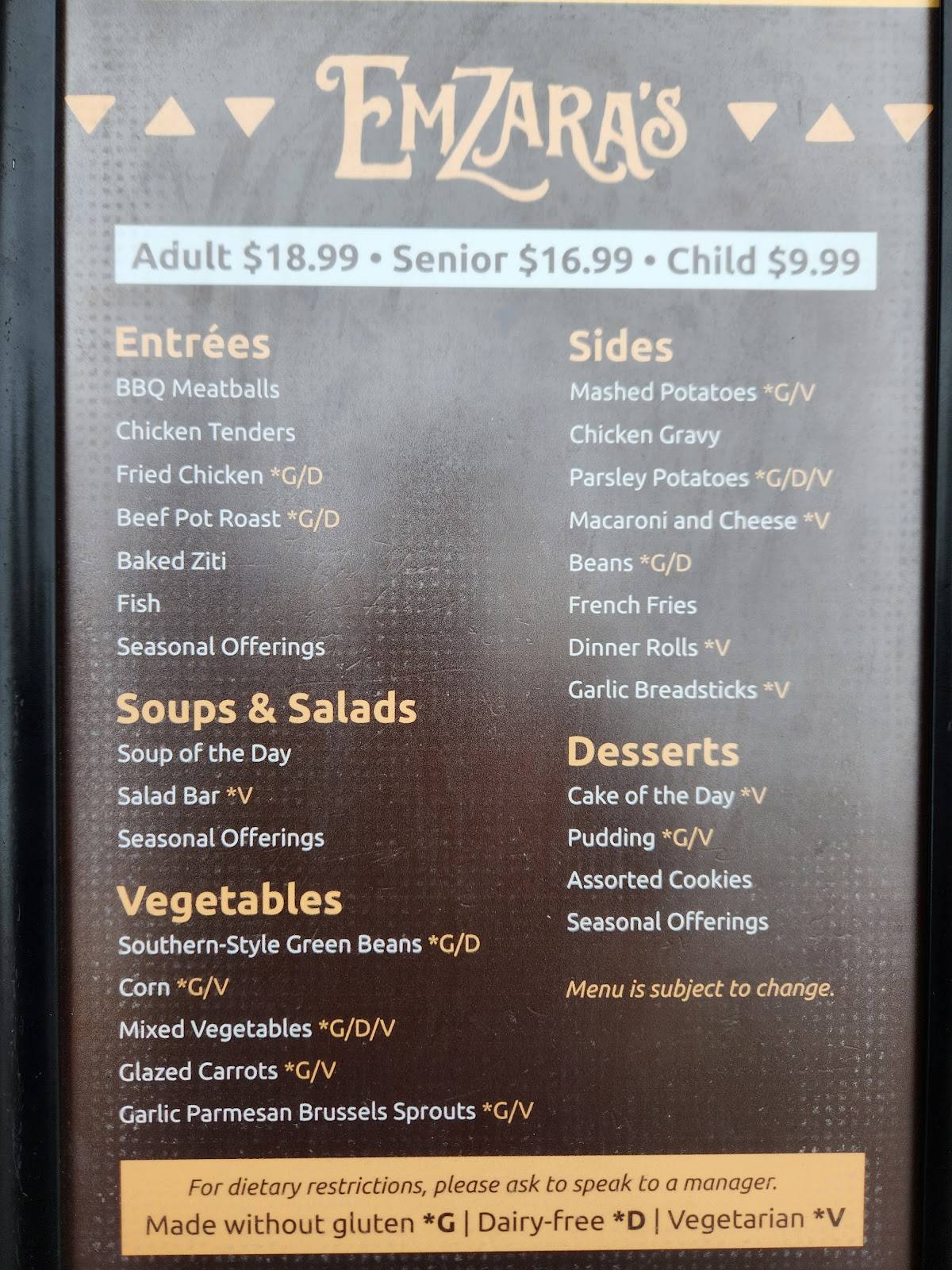 Menu at Emzara's Buffet restaurant, Williamstown, 1 Ark Encounter Dr