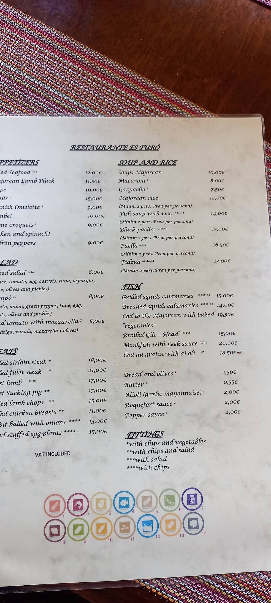 Menu at Restaurant Es turó, Fornalutx