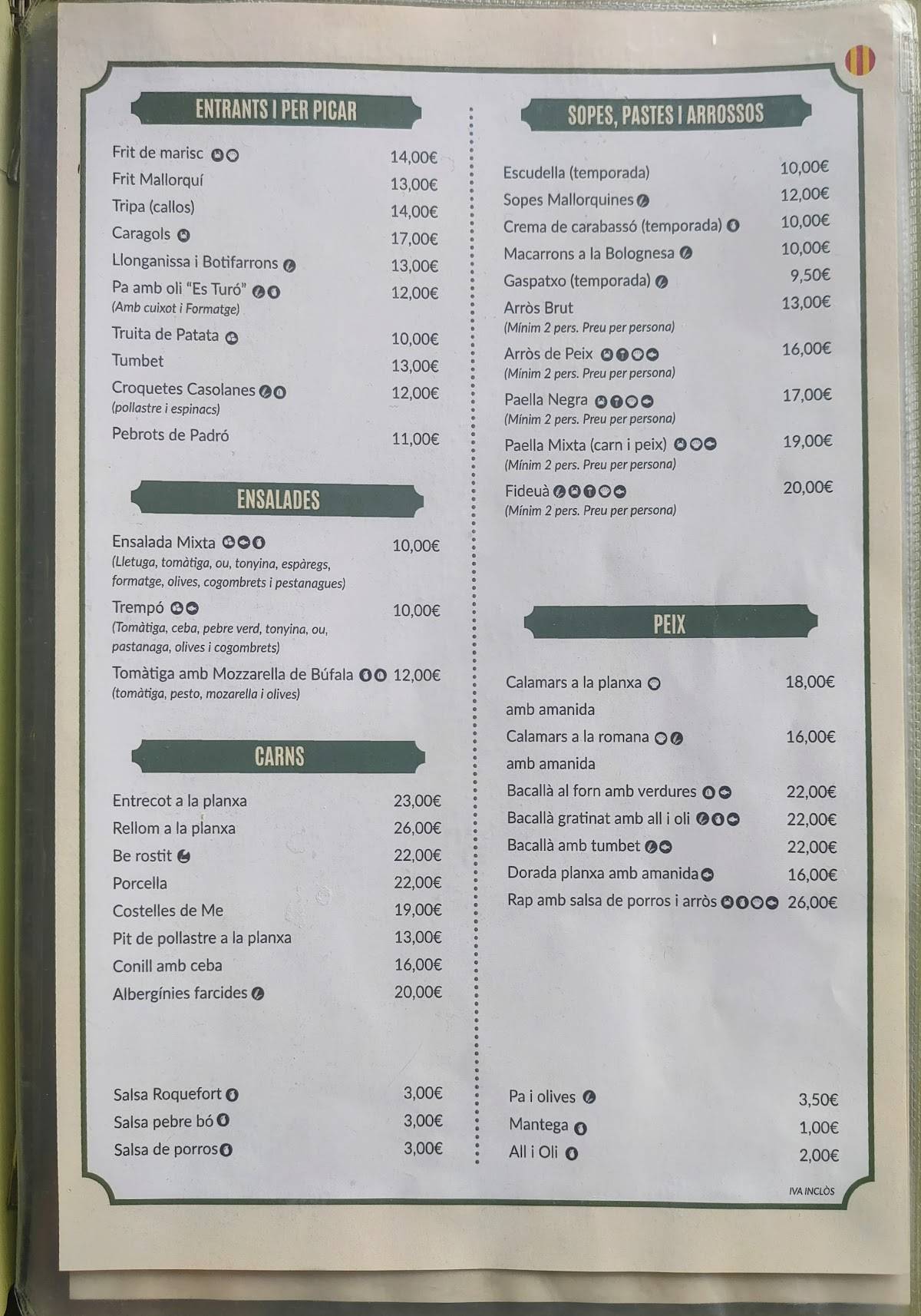 Menu at Restaurant Es turó, Fornalutx