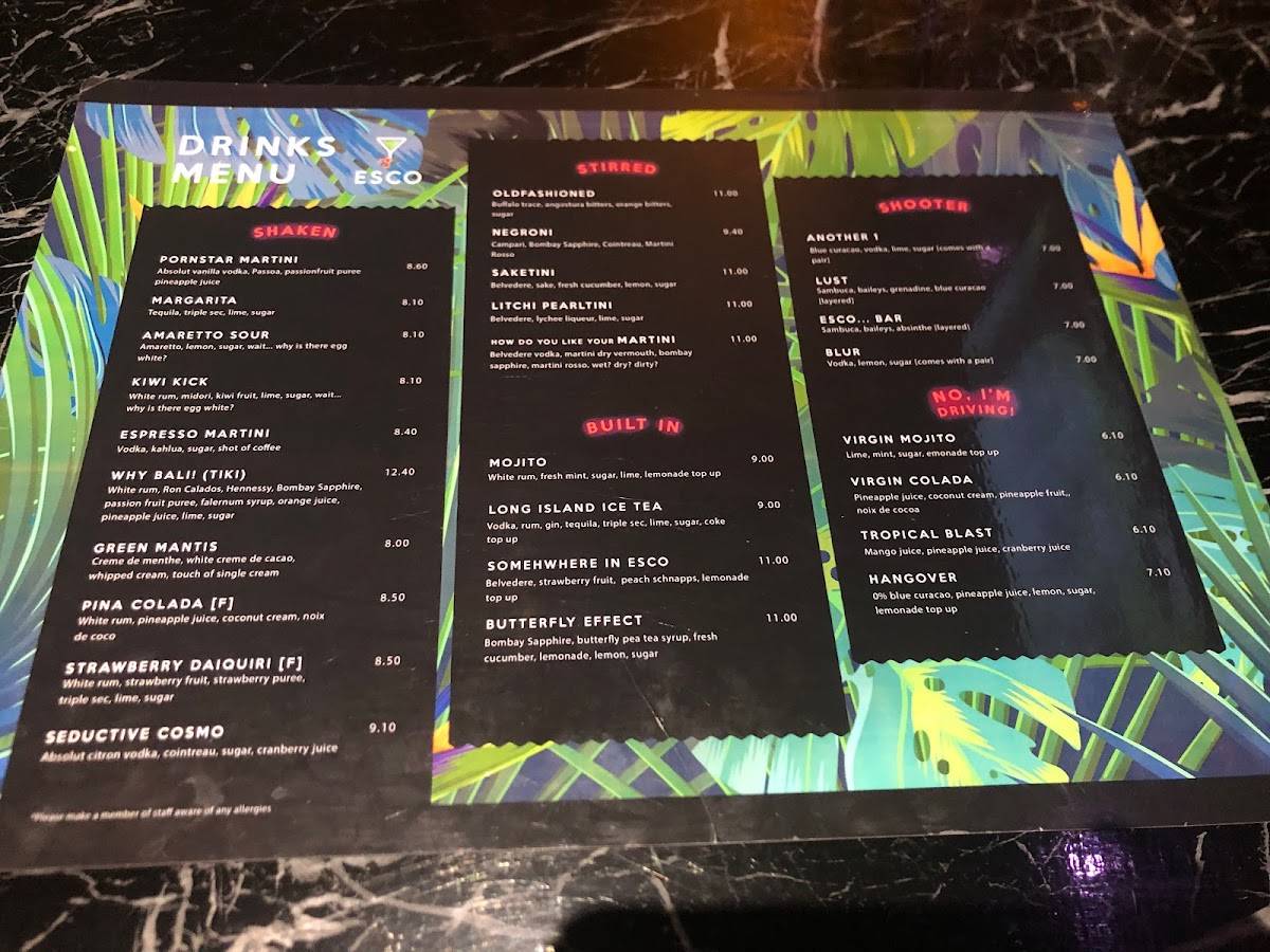 Menu at Esco - Sushi, Noodles & Cocktails restaurant, Fleet
