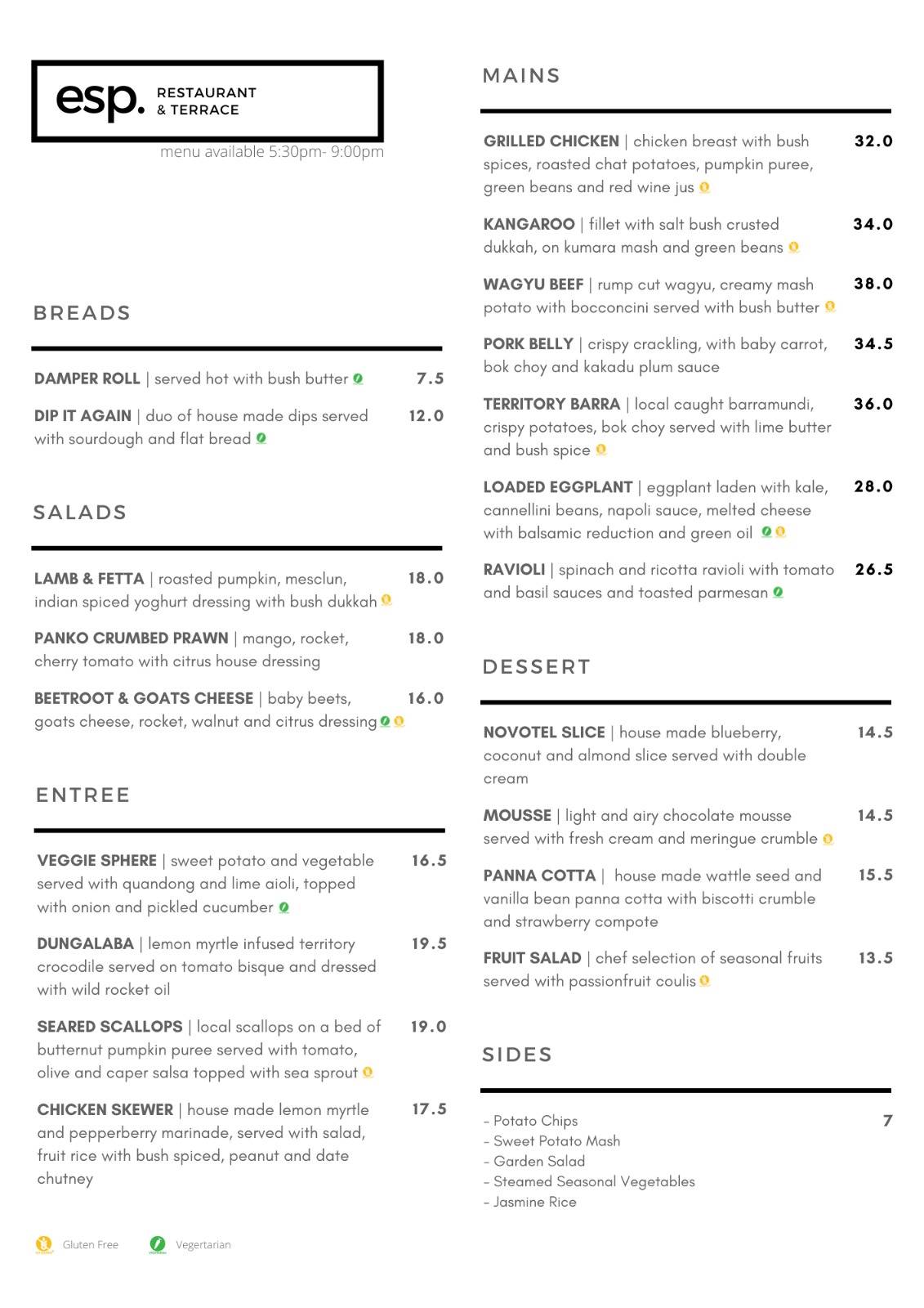 Menu at Esplanade Restaurant & Terrace, Darwin City