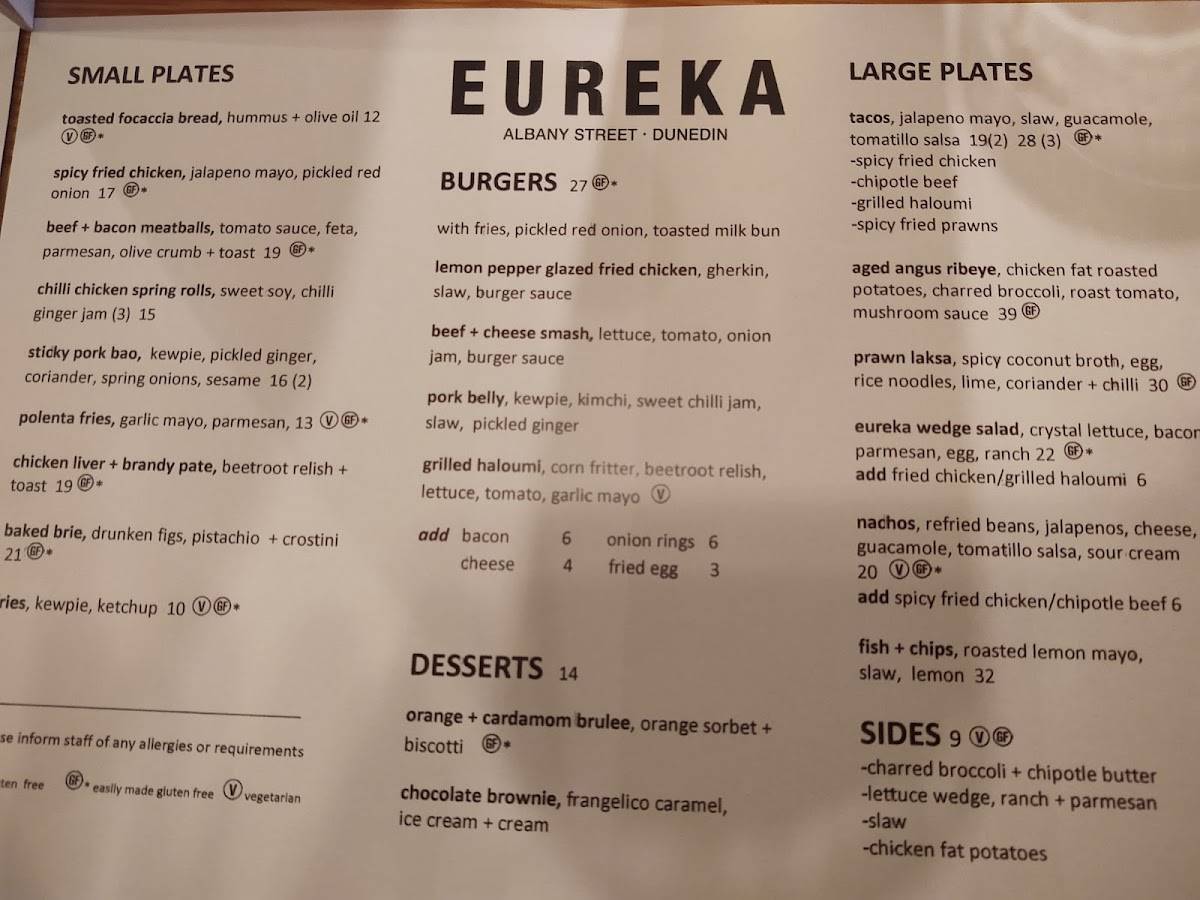Menu at Eureka Cafe & Bar, Dunedin