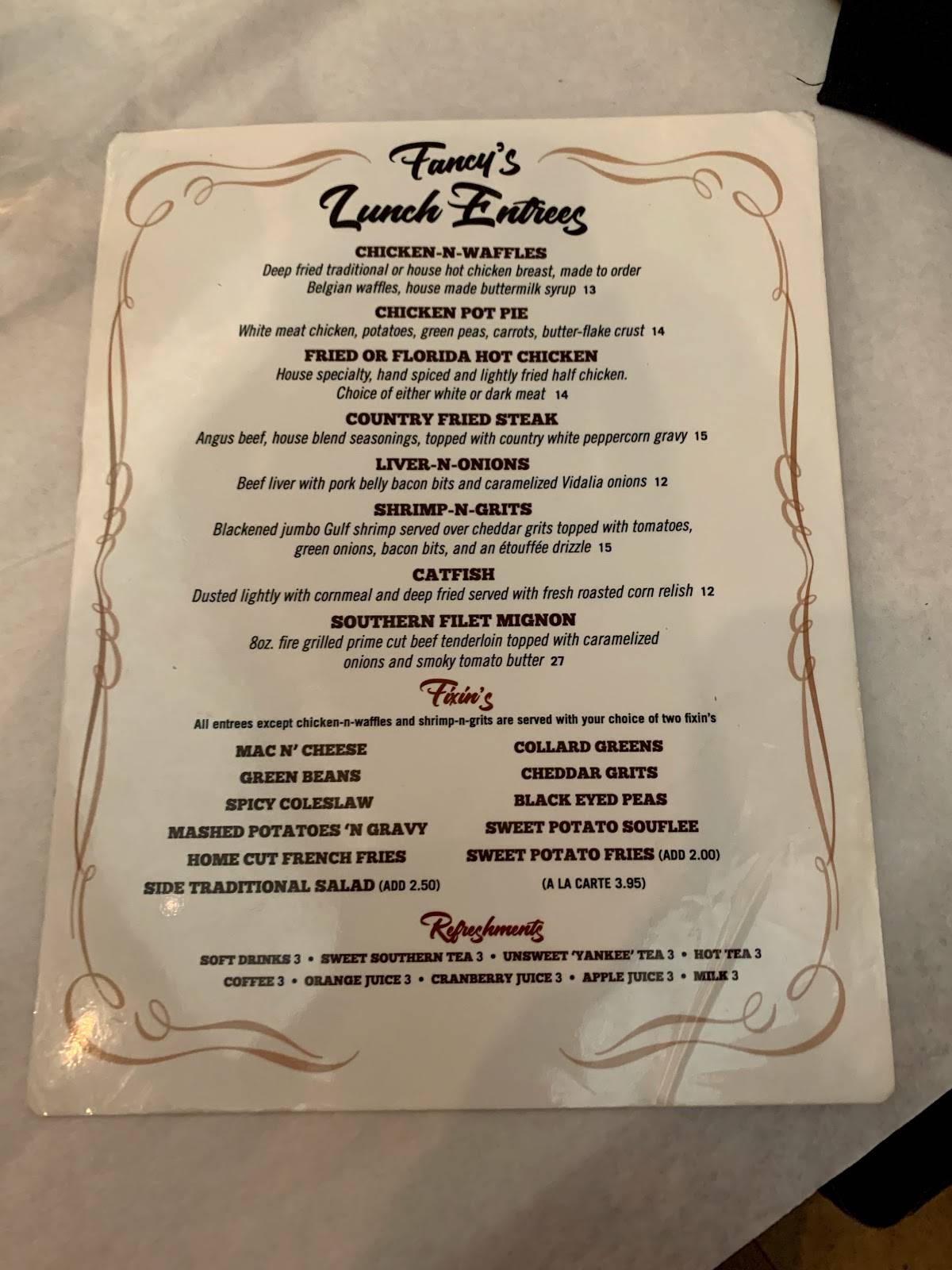 Menu at Fancy's Southern Cafe, Fort Myers
