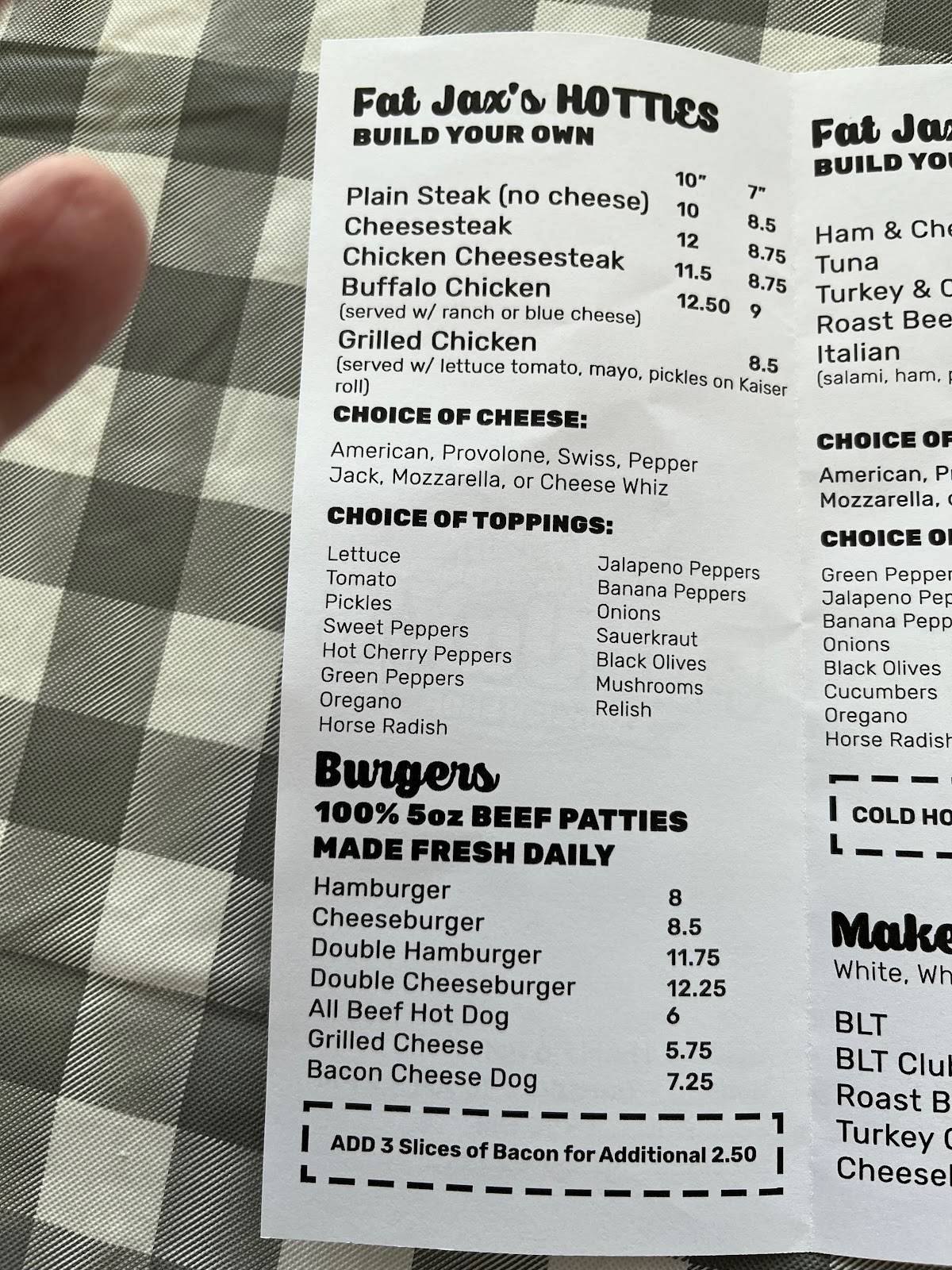 Menu at Fat Jax's on wheels restaurant, Palm Harbor