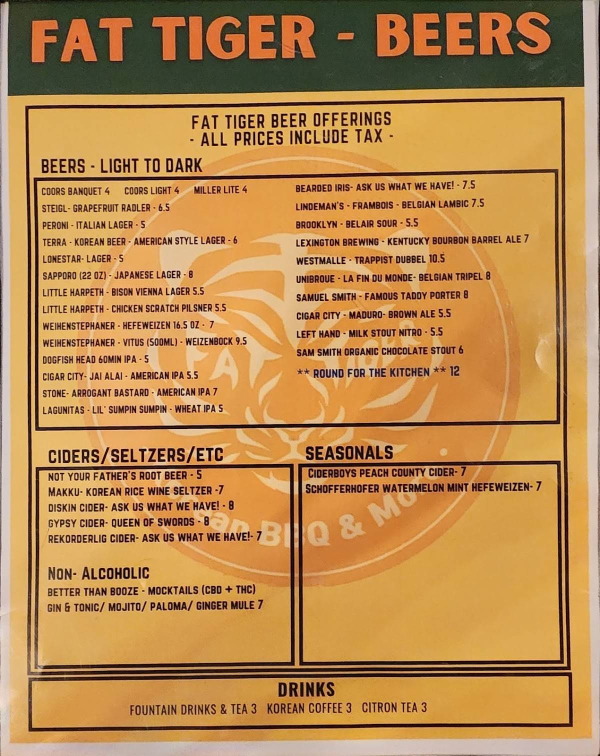 Menu at Fat Tiger KBBQ & More, White Bluff