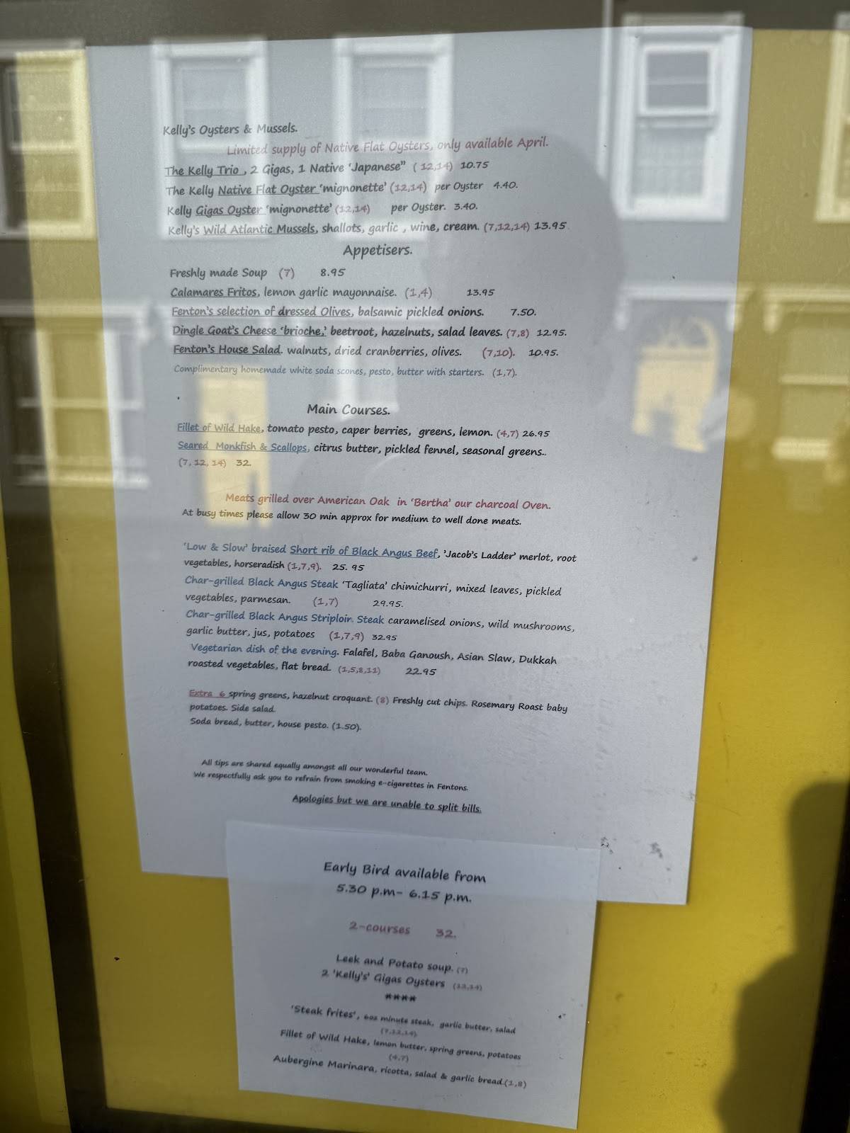 Menu at Fenton's of Dingle restaurant, Dingle
