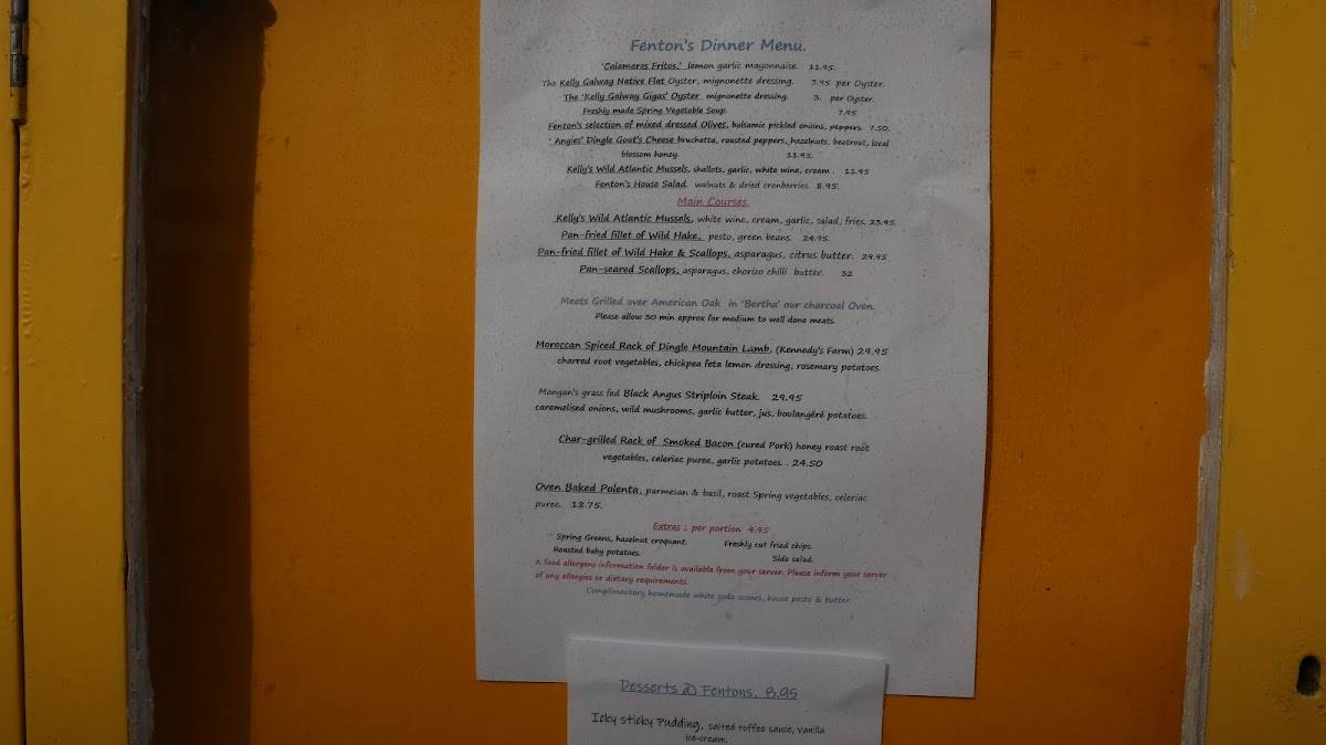 Menu at Fenton's of Dingle restaurant, Dingle