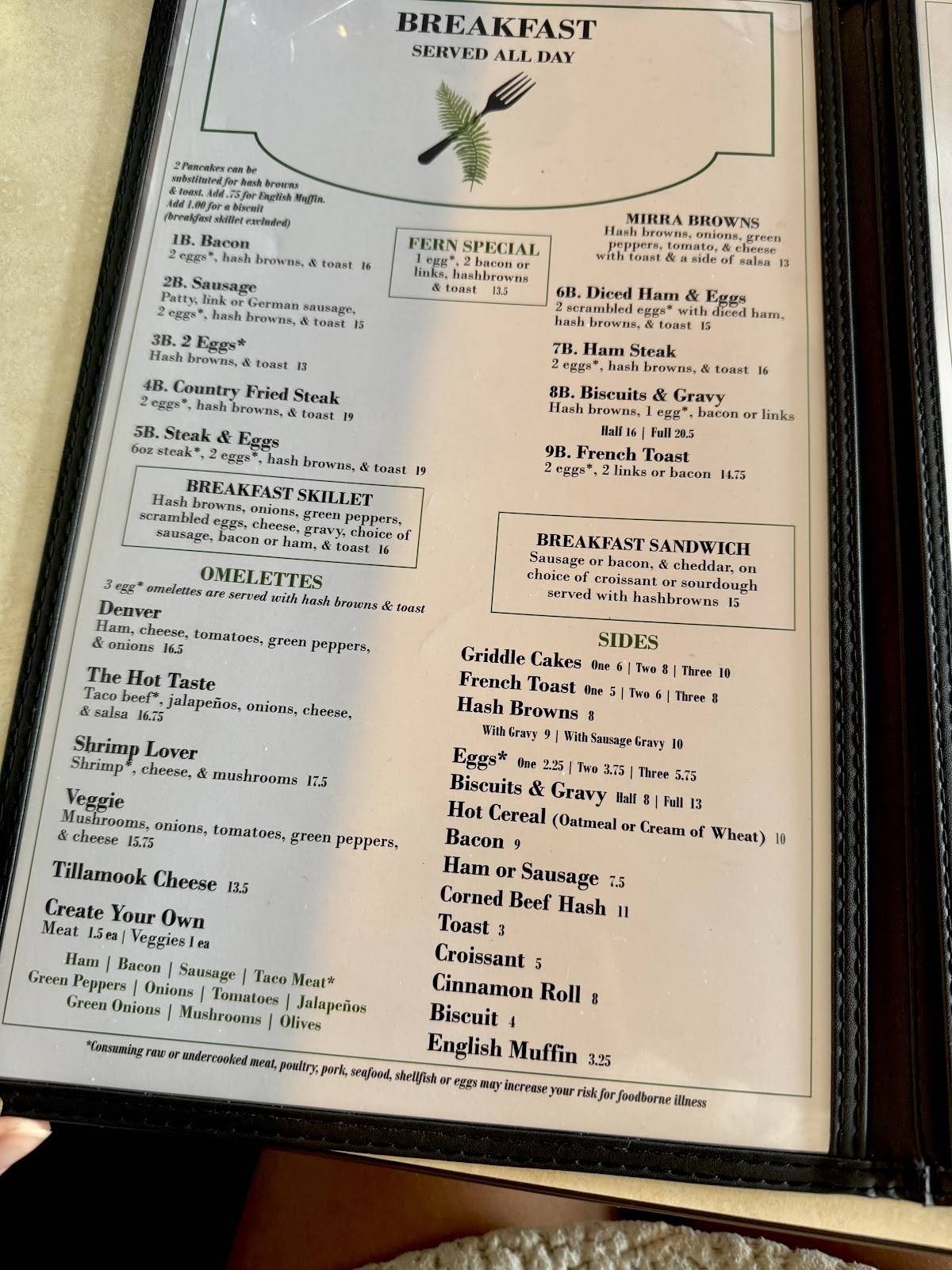 Menu at Fern Restaurant & Lounge, Tillamook