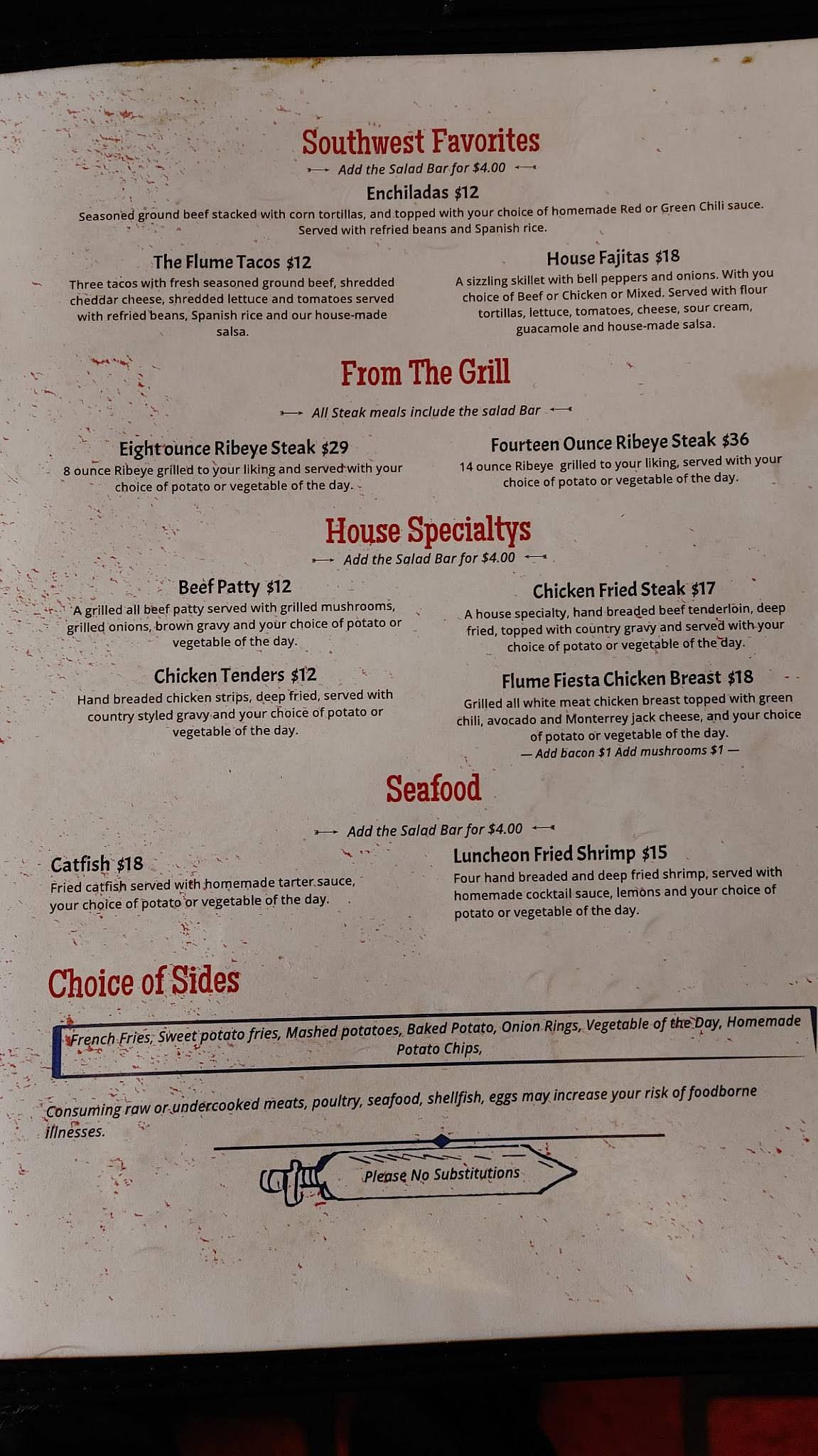 Menu at Flume restaurant, Carlsbad