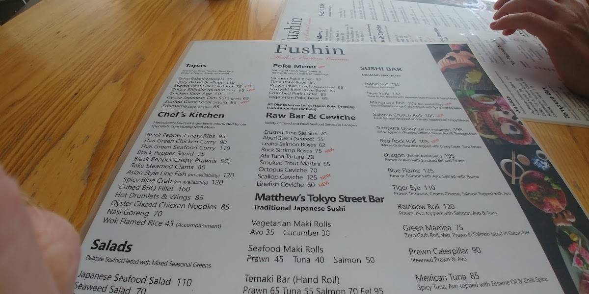 Menu at Fushin Sushi and Eastern Cuisine restaurant, Port Elizabeth