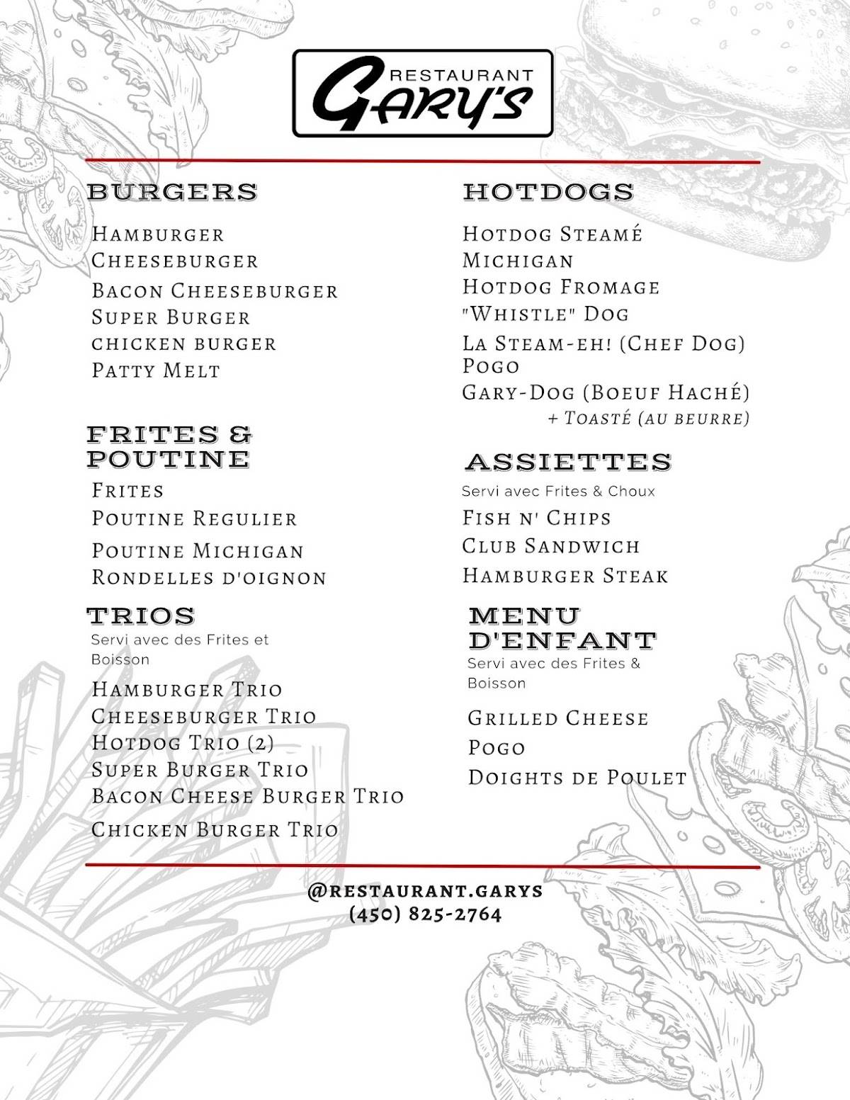 Menu au Restaurant Gary’s, Howick