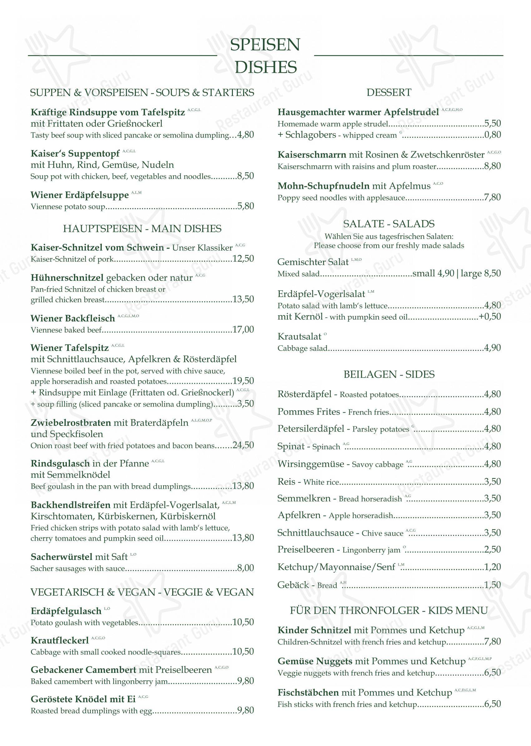 Speisekarte von Gasthaus ZUM KAISER restaurant, Wien, Riesenradpl. 5