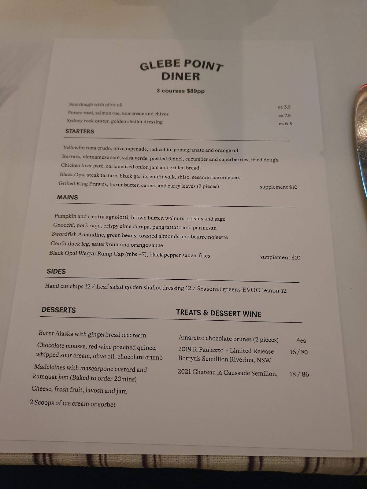 Menu at Glebe Point Diner restaurant, Glebe