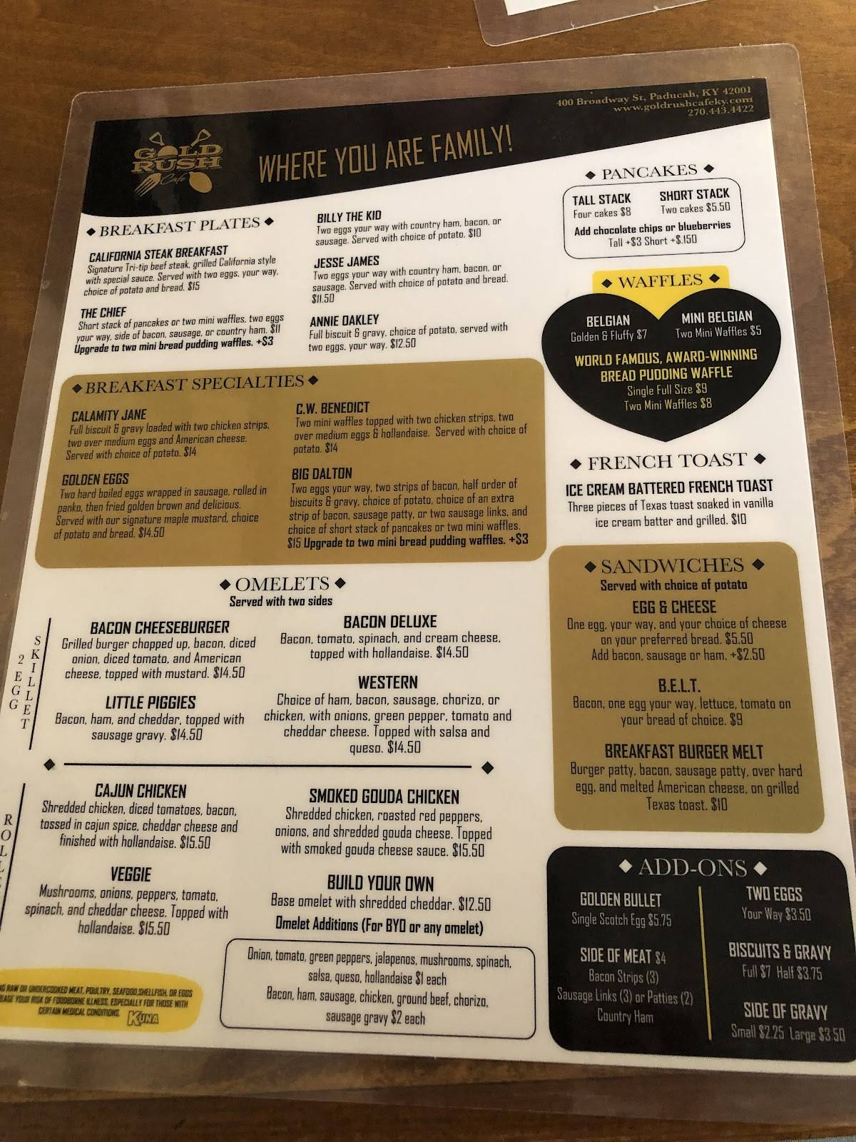 Menu at Gold Rush Cafe, Paducah