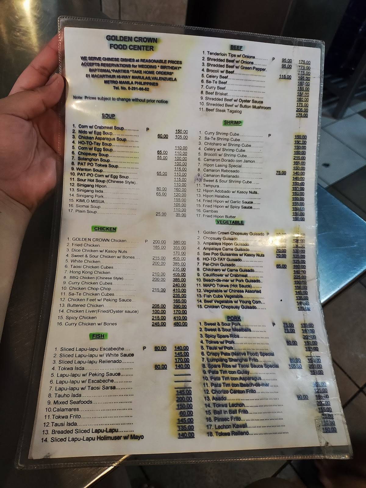 Menu at Golden Crown Food Center restaurant, Valenzuela, 51 MacArthur Hwy