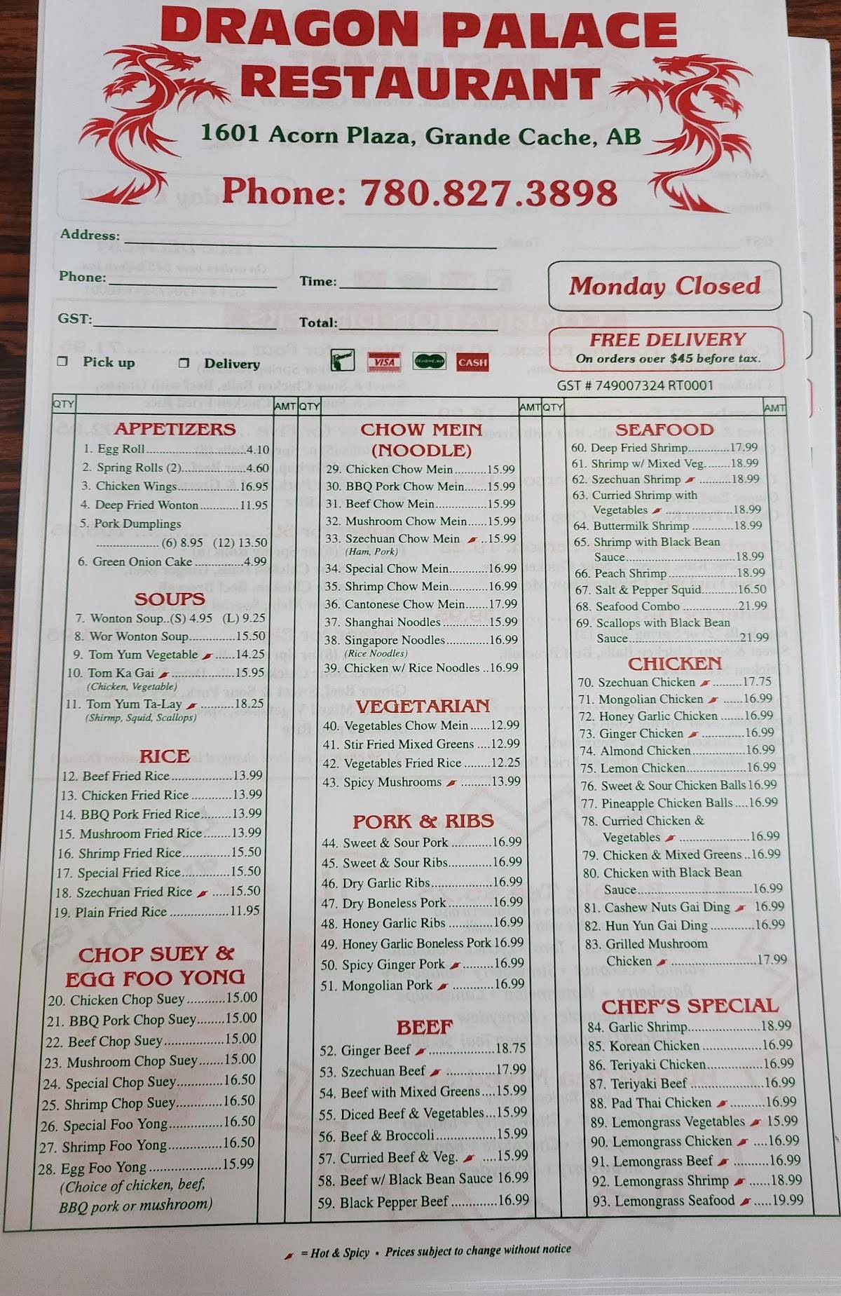 Carta del restaurante Grande Cache Dragon Palace, Grande Cache