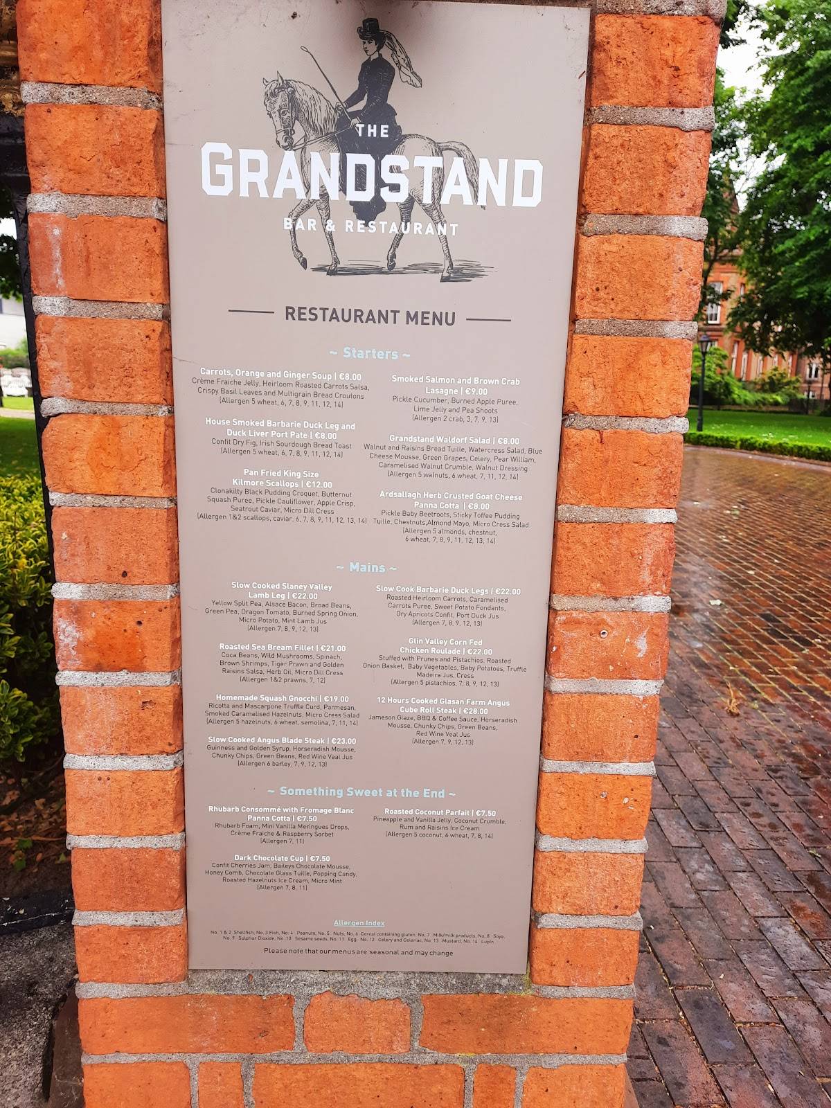 Menu at Grandstand Restaurant, Dublin