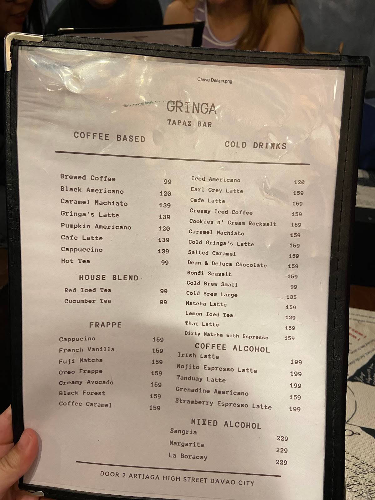 Menu at Gringa Tapaz Bar, Davao City