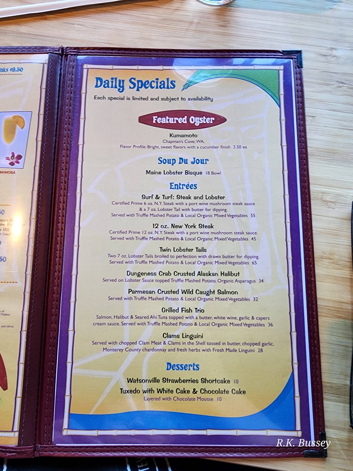 Menu at Grotto Fish Market restaurant, Monterey