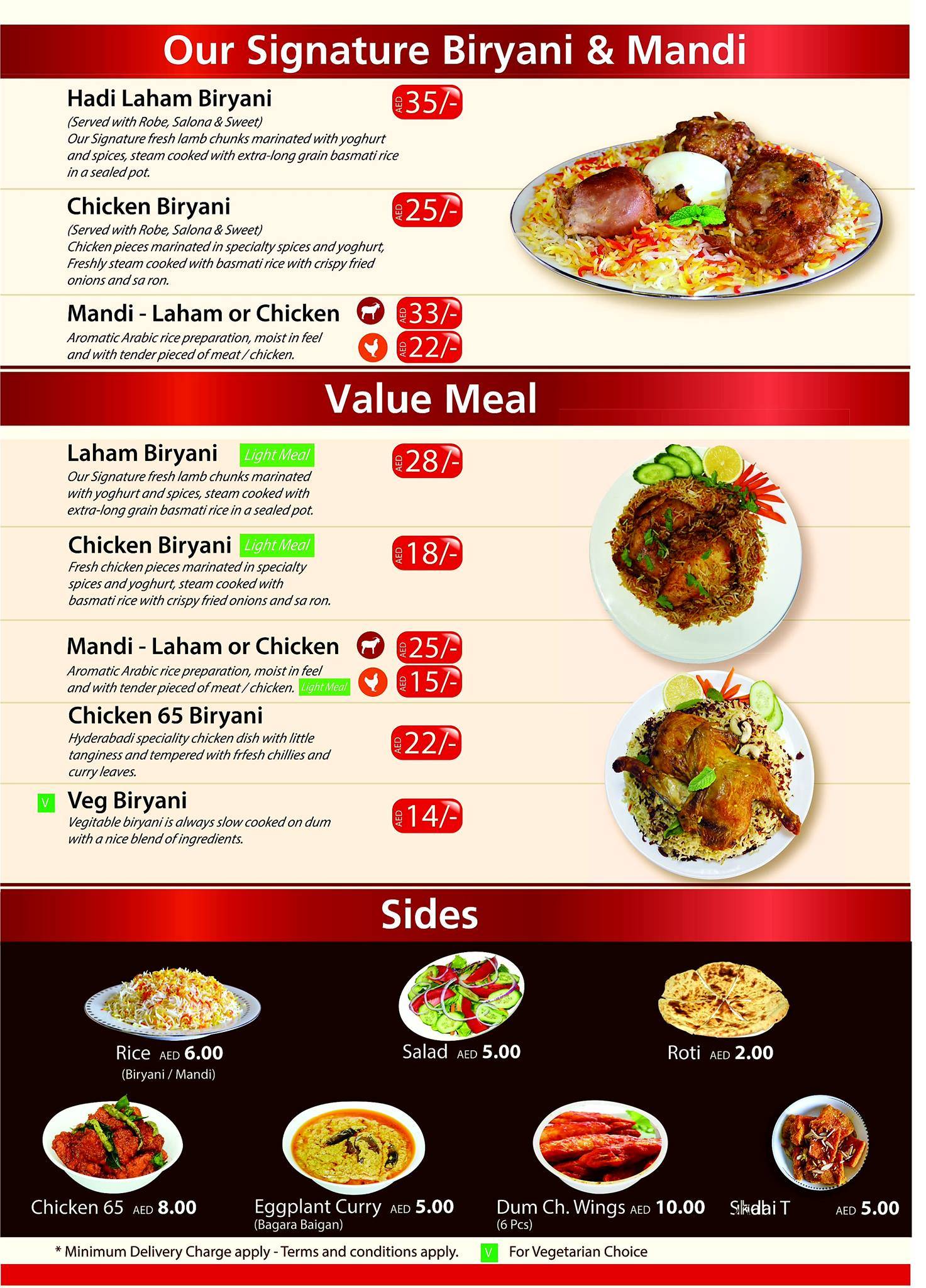 Menu at Hadi Biriyani restaurant, Abu Dhabi, Beside Dragon Mall