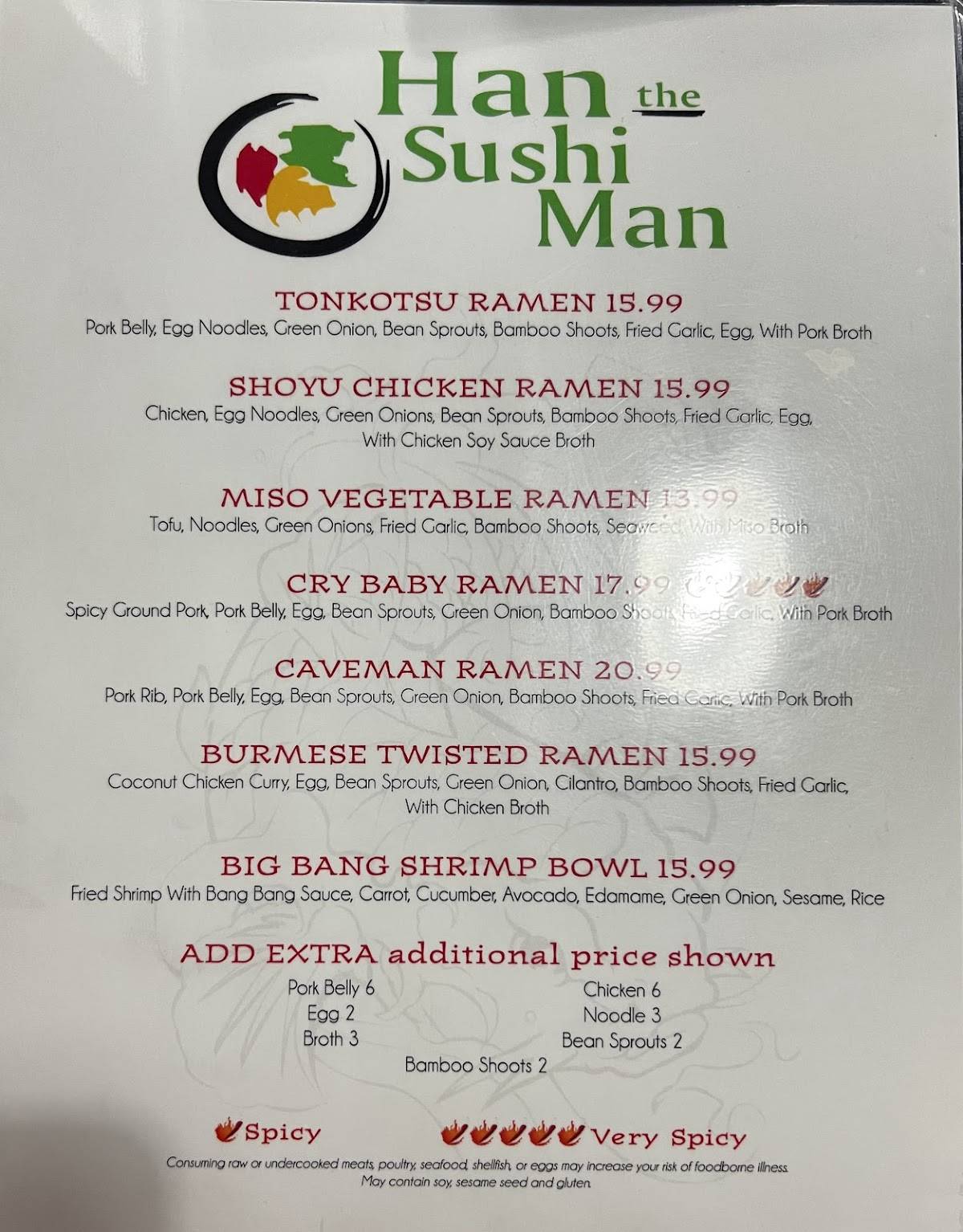Menu at Han the Sushi Man restaurant, Joplin