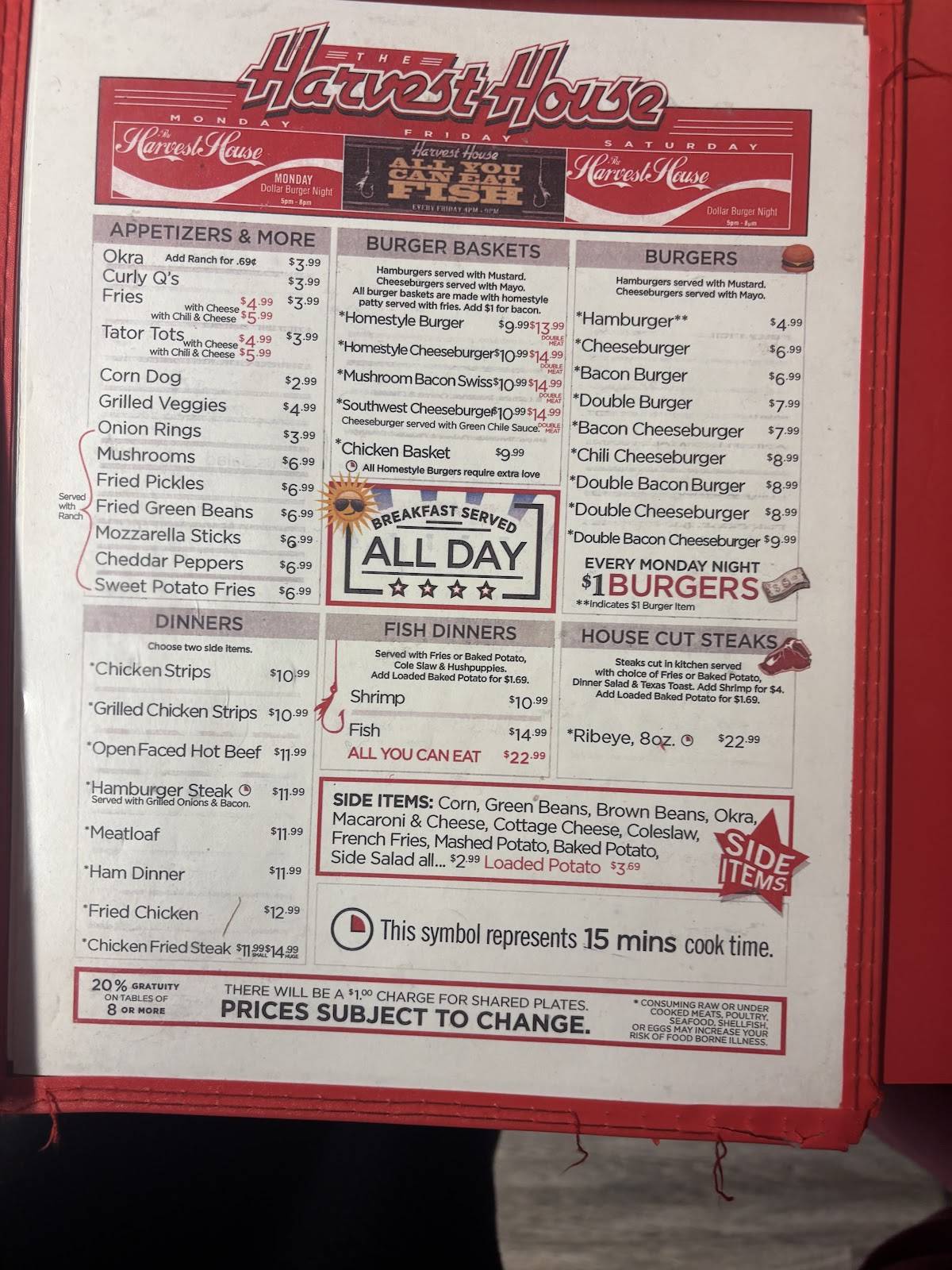 Menu at Harvest House Restaurant, Kansas