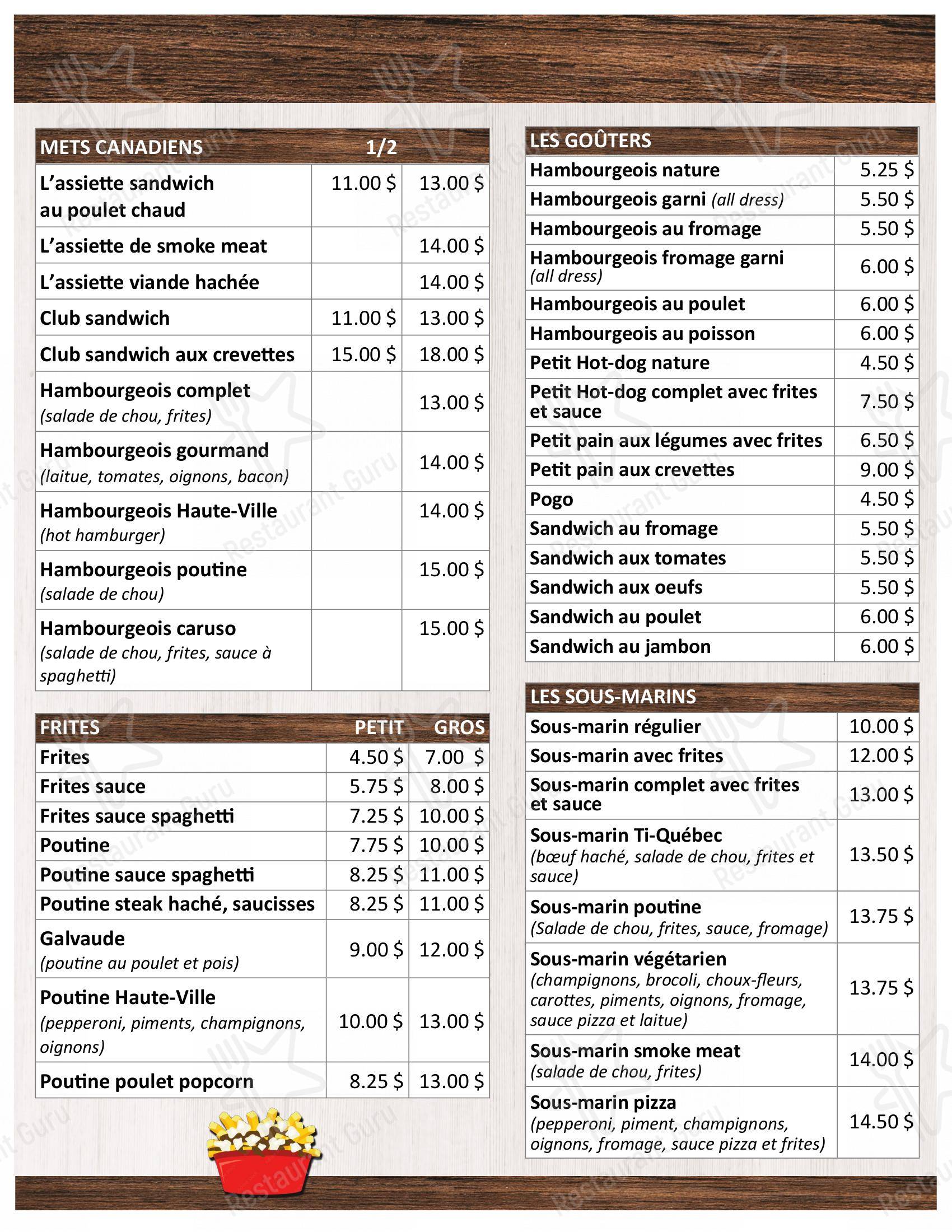 Menu au Restaurant Haute-Ville, Rimouski