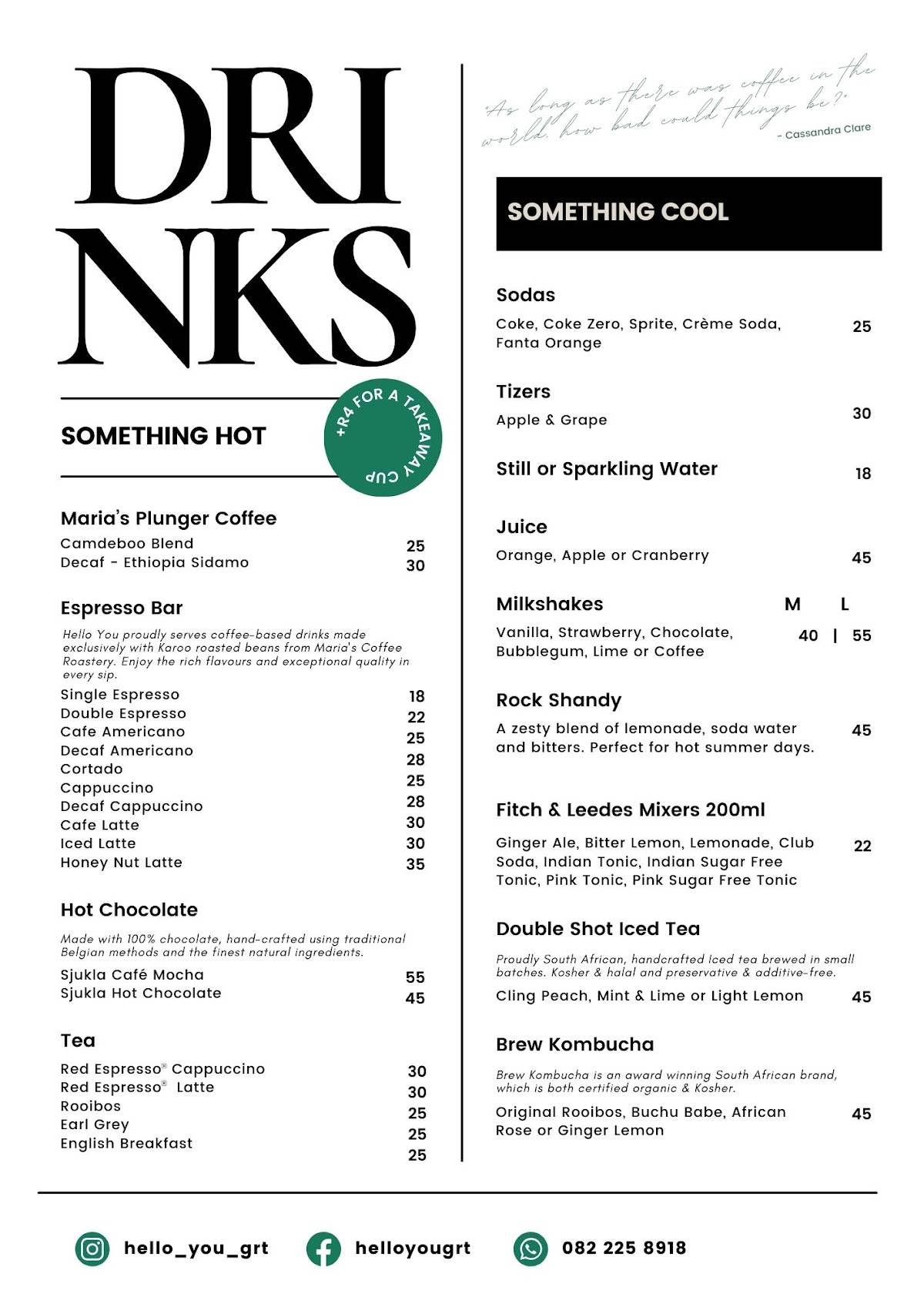 Menu at Hello You Restaurant, Graaff-Reinet