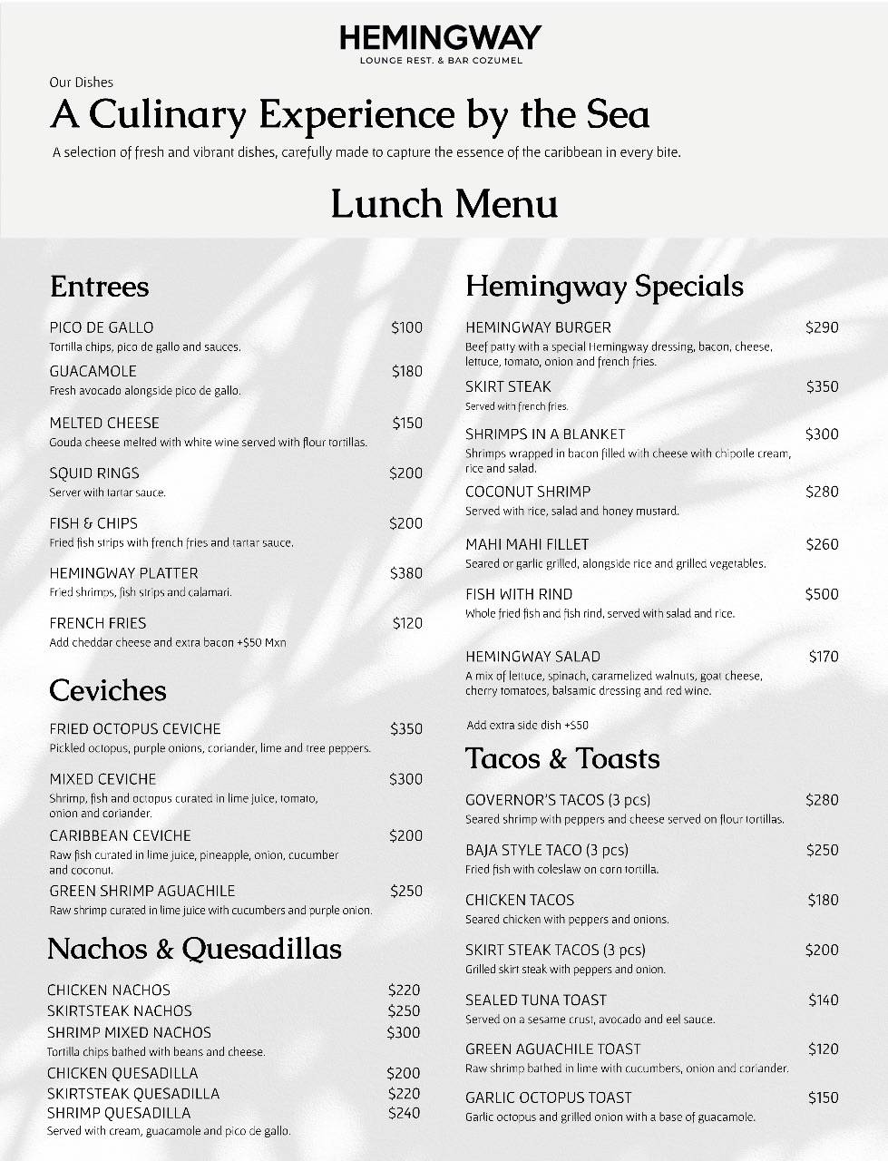 Menu at Hemingway Restaurant Beach & Nightclub Cozumel, San Miguel de ...